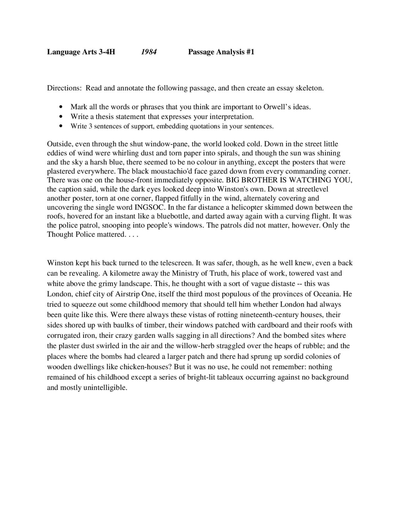 Language Arts 3-4H 1984 Passage Analysis #1 Directions | Study Guides ...