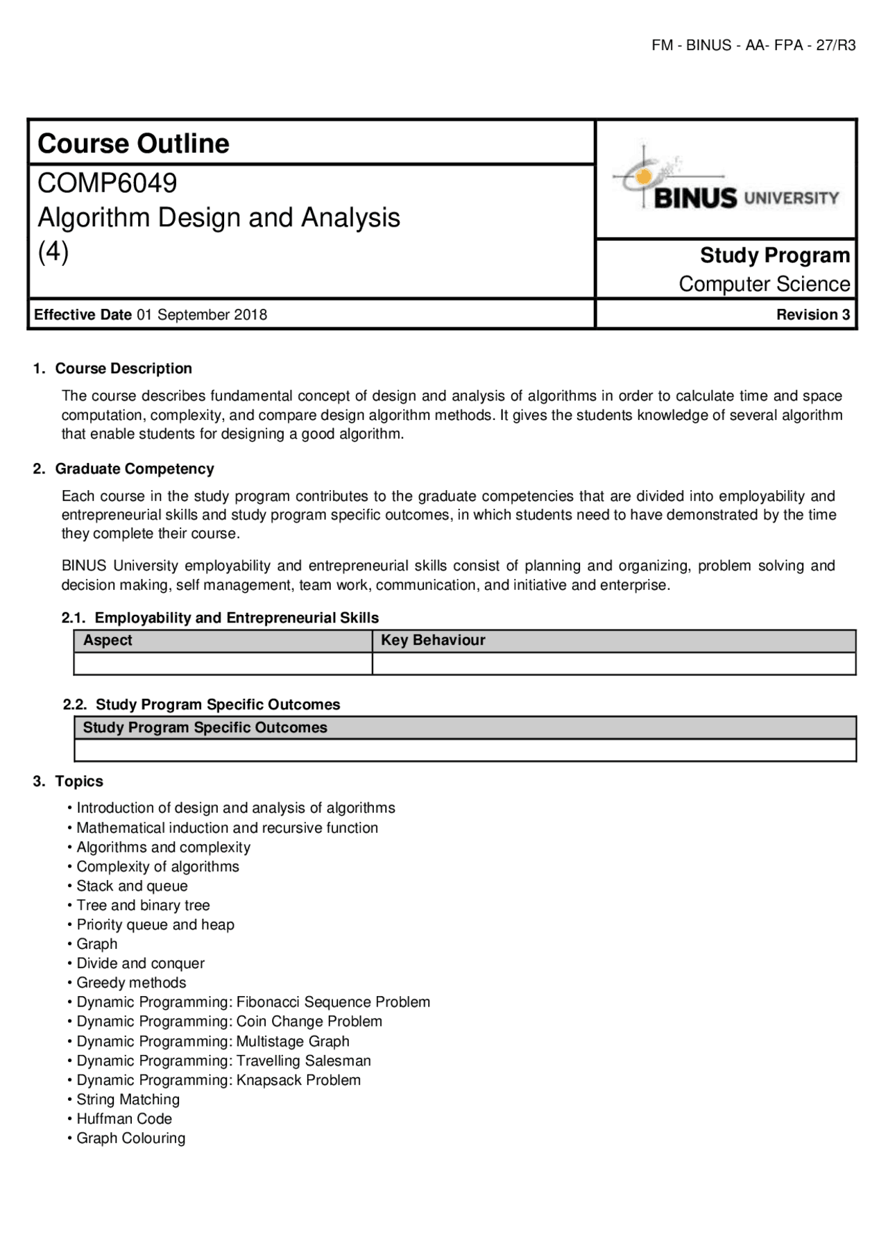Course Outline COMP6049 Algorithm Design and Analysis (4) | Exercises Design and Analysis of ...