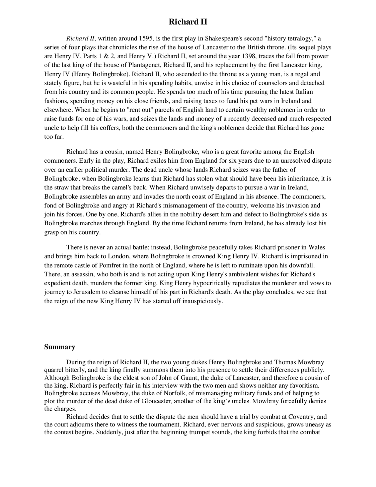 Richard II Summary | Summaries English Literature | Docsity