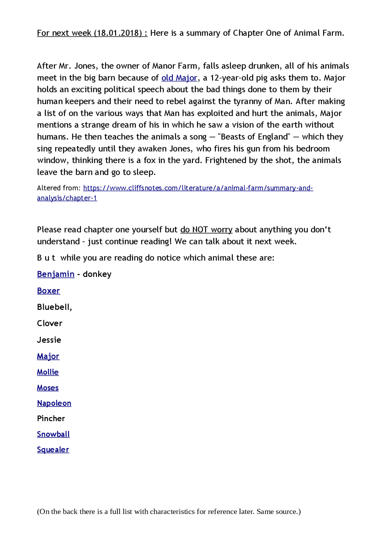 Animal Farm: Chapter One Recap and Character Introduction | Exercises ...