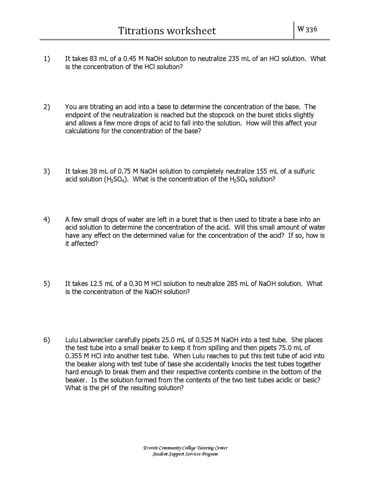 Titrations worksheet | Esquemas y mapas conceptuales Química | Docsity