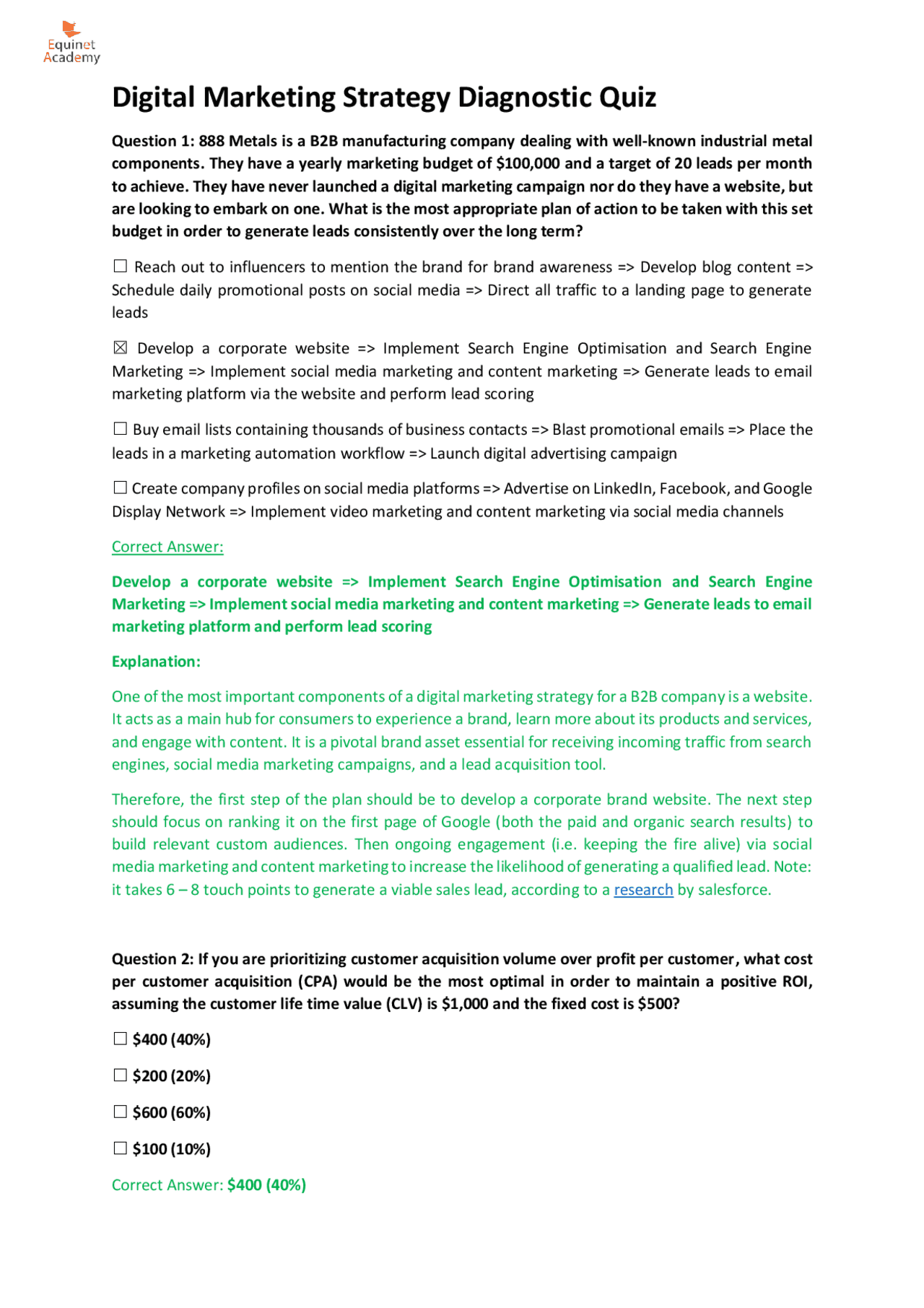 Digital Marketing Strategy Diagnostic Quiz Docsity