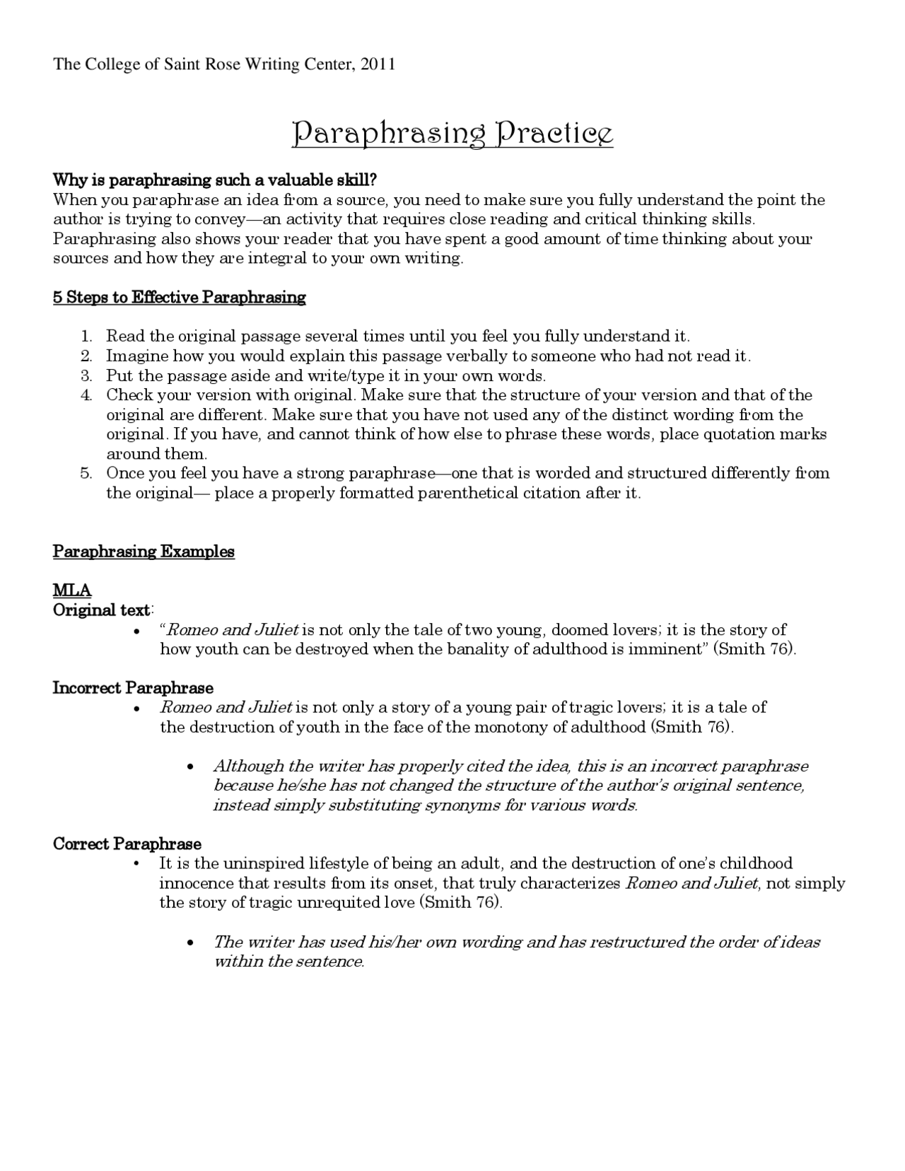 Paraphrasing Practice | Study notes Grammar and Composition | Docsity
