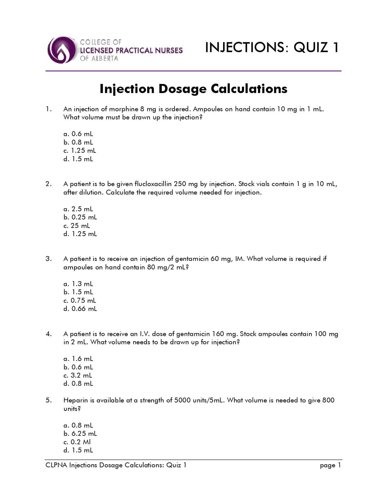 INJECTIONS: QUIZ 1 | Study notes Nursing | Docsity