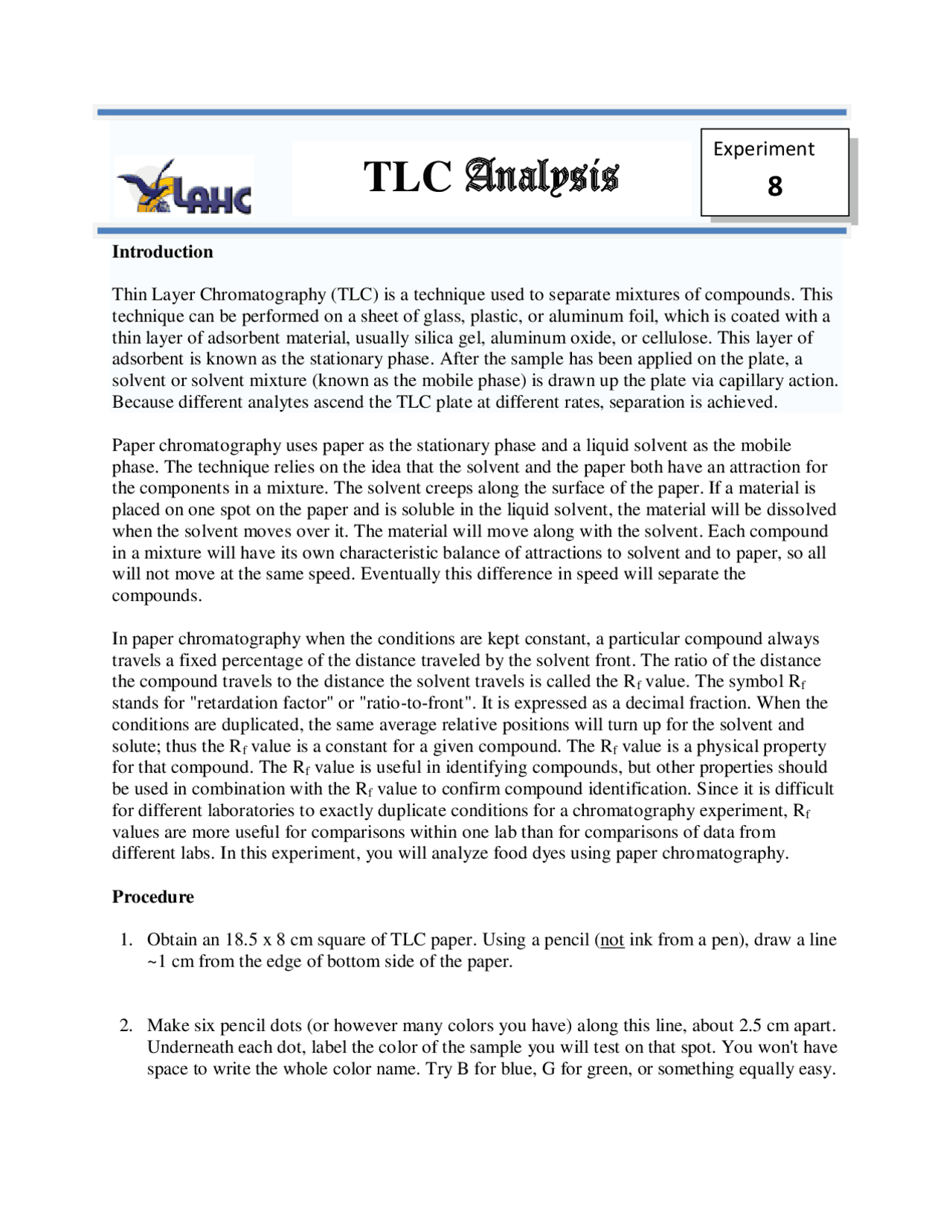 TLC Analysis | Study notes Organic Chemistry - Docsity