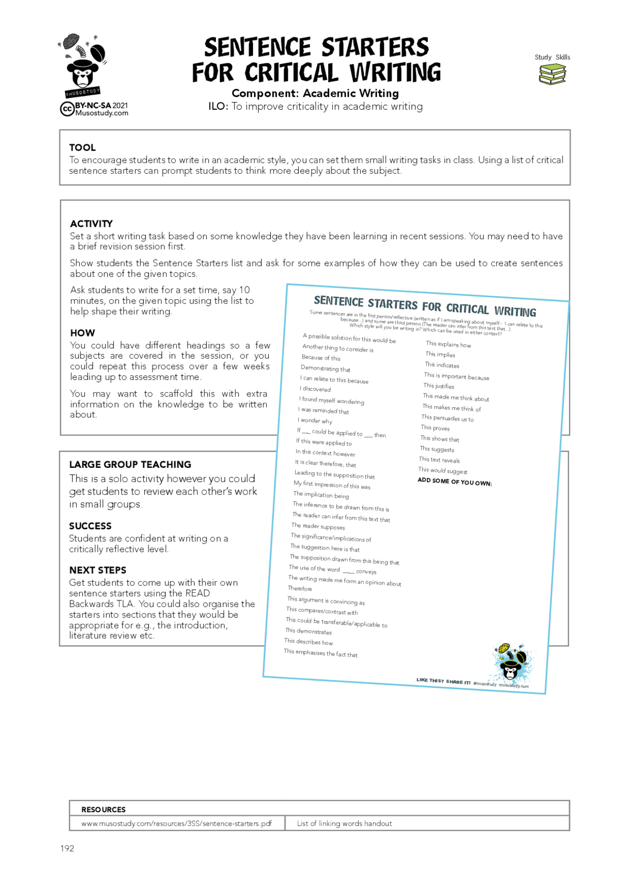SENTENCE STARTERS FOR CRITICAL WRITING | Study notes Literature | Docsity