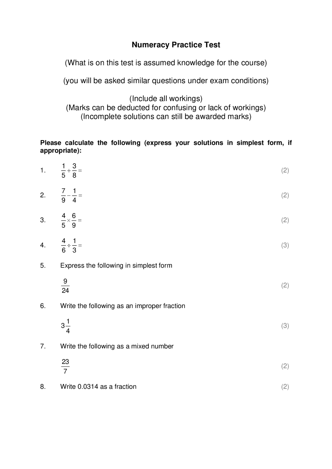 Numeracy Practice Test Docsity
