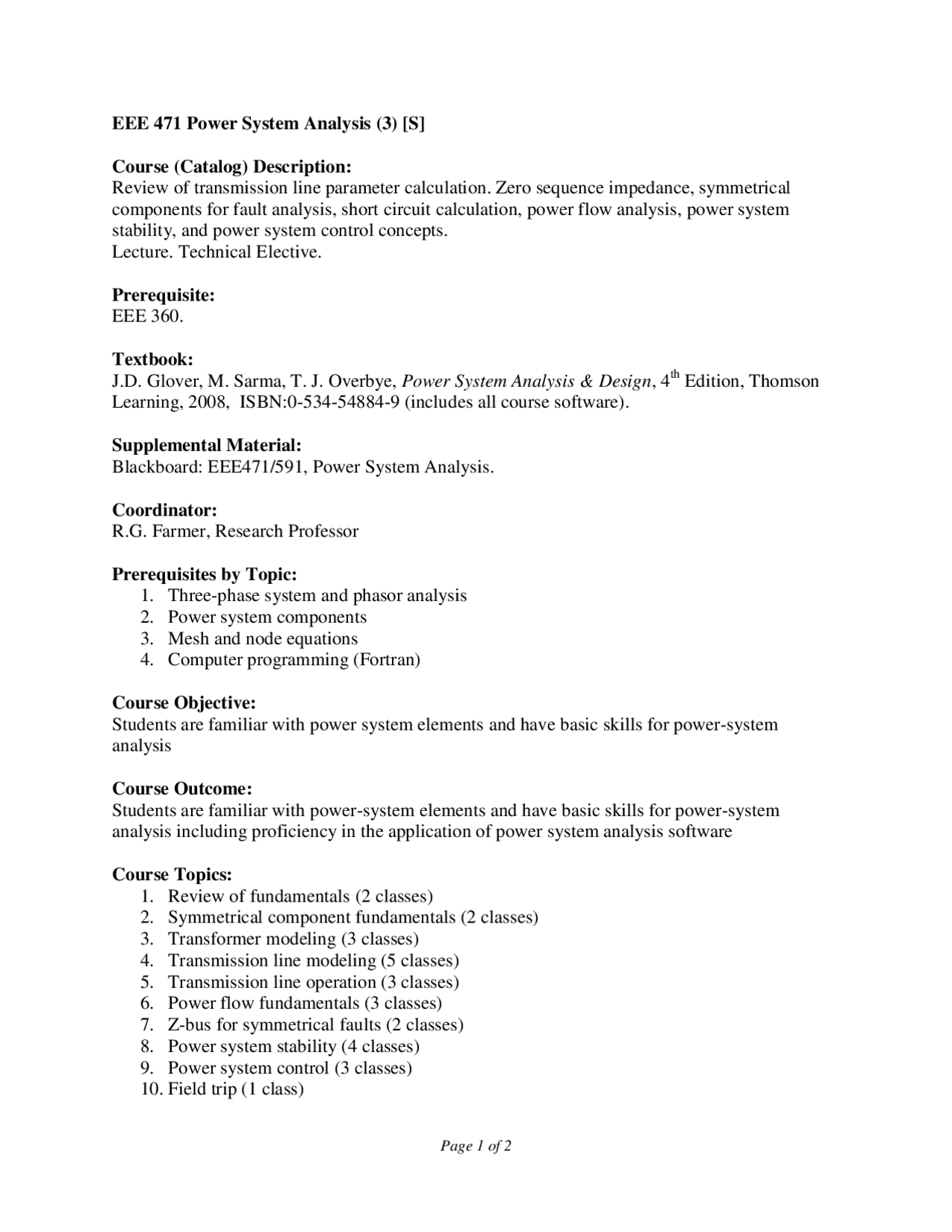 EEE 471 Power System Analysis (3) [S] | Lecture notes System Analysis ...