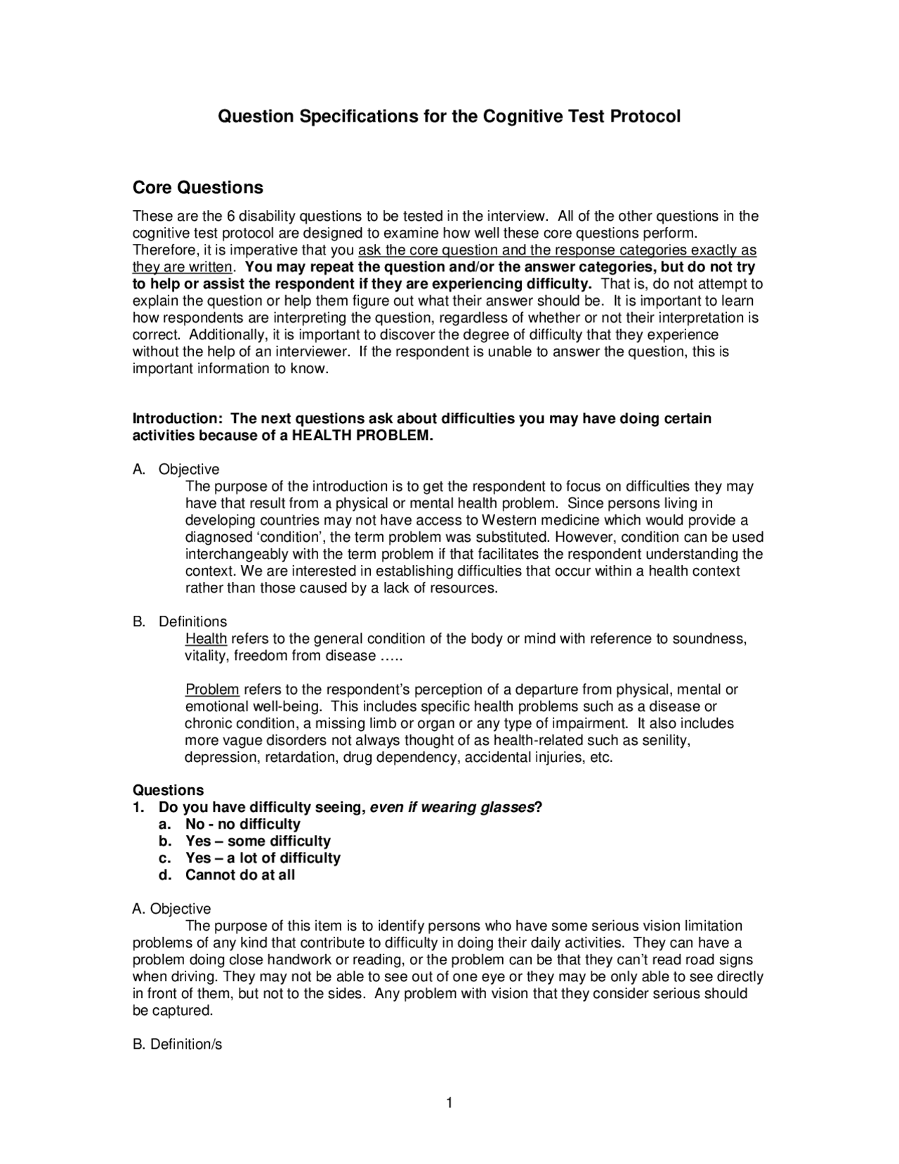 Questions Specification For Cognitive Test Protocol Quizzes Cognitive
