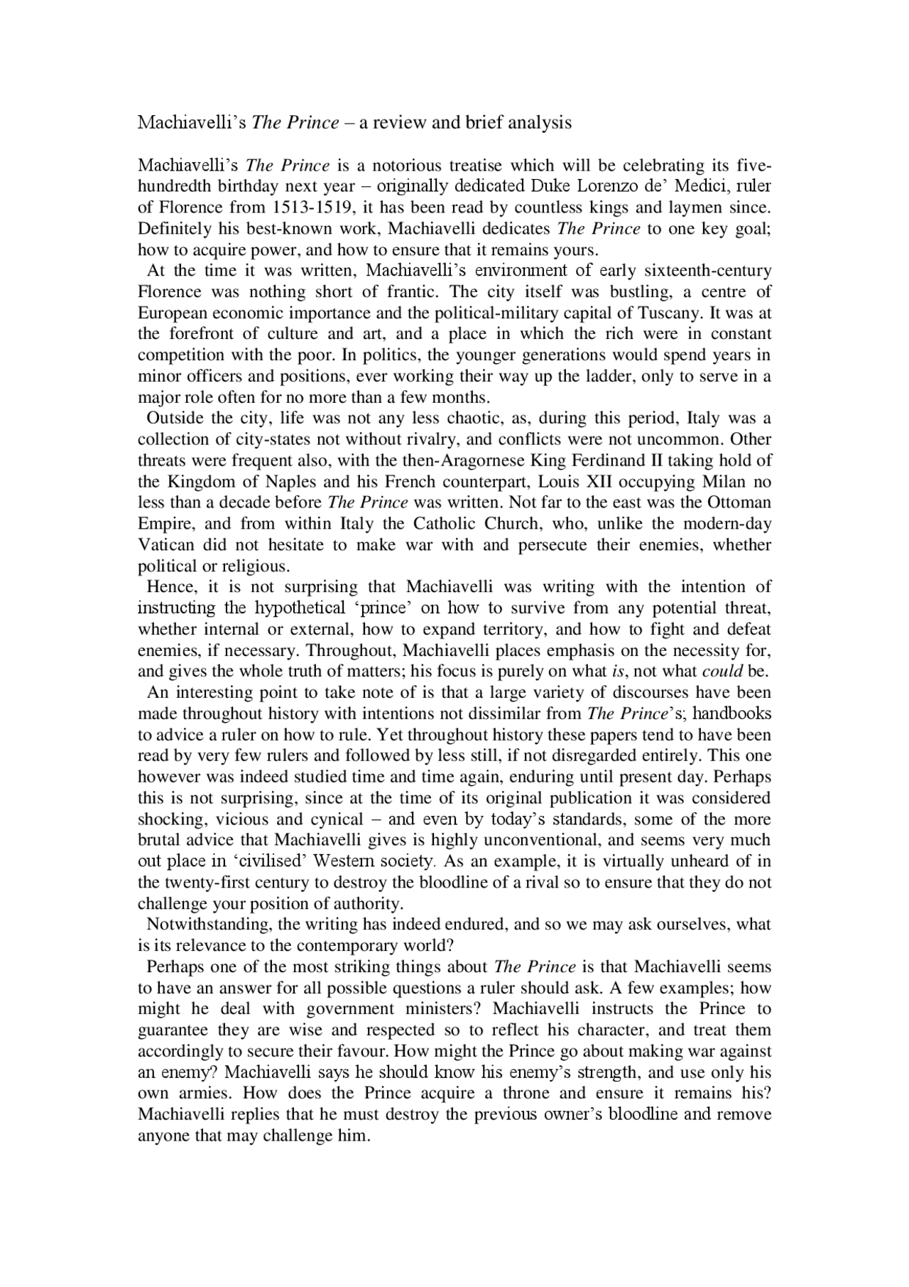 A review - Machiavelli's The Prince | Study notes History | Docsity