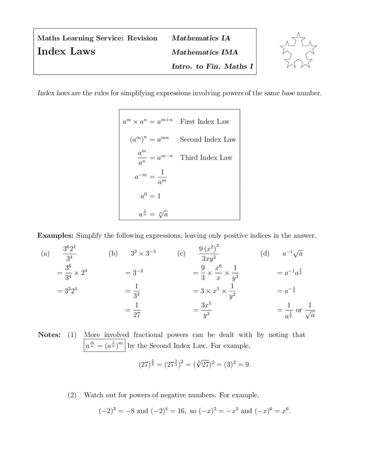 Index Laws | Summaries Mathematics | Docsity