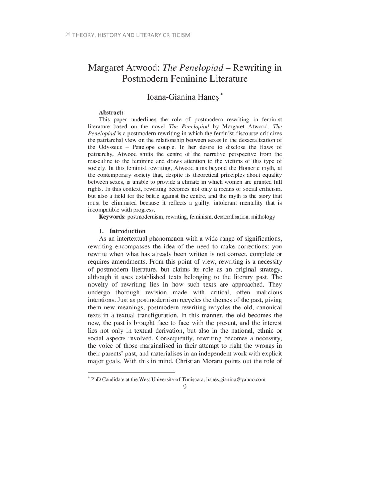 The Penelopiad – Rewriting in Postmodern Feminine Literature - Docsity