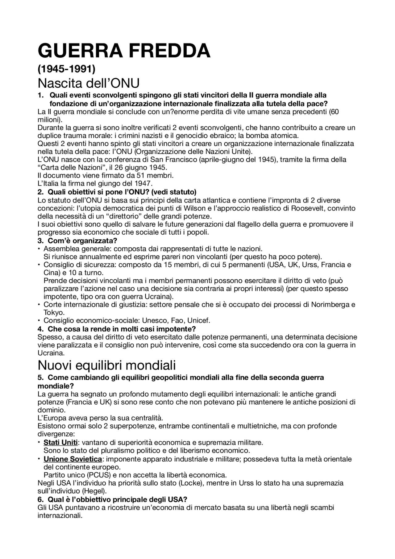 Guerra Fredda e nascita ONU | Appunti di Storia | Docsity