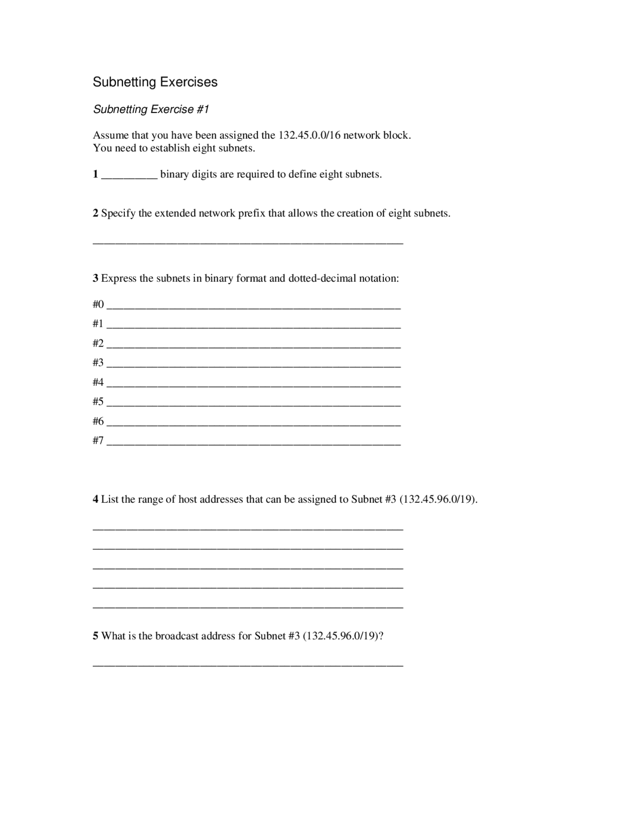 Subnetting Exercises Networking Technologies Exercises Network