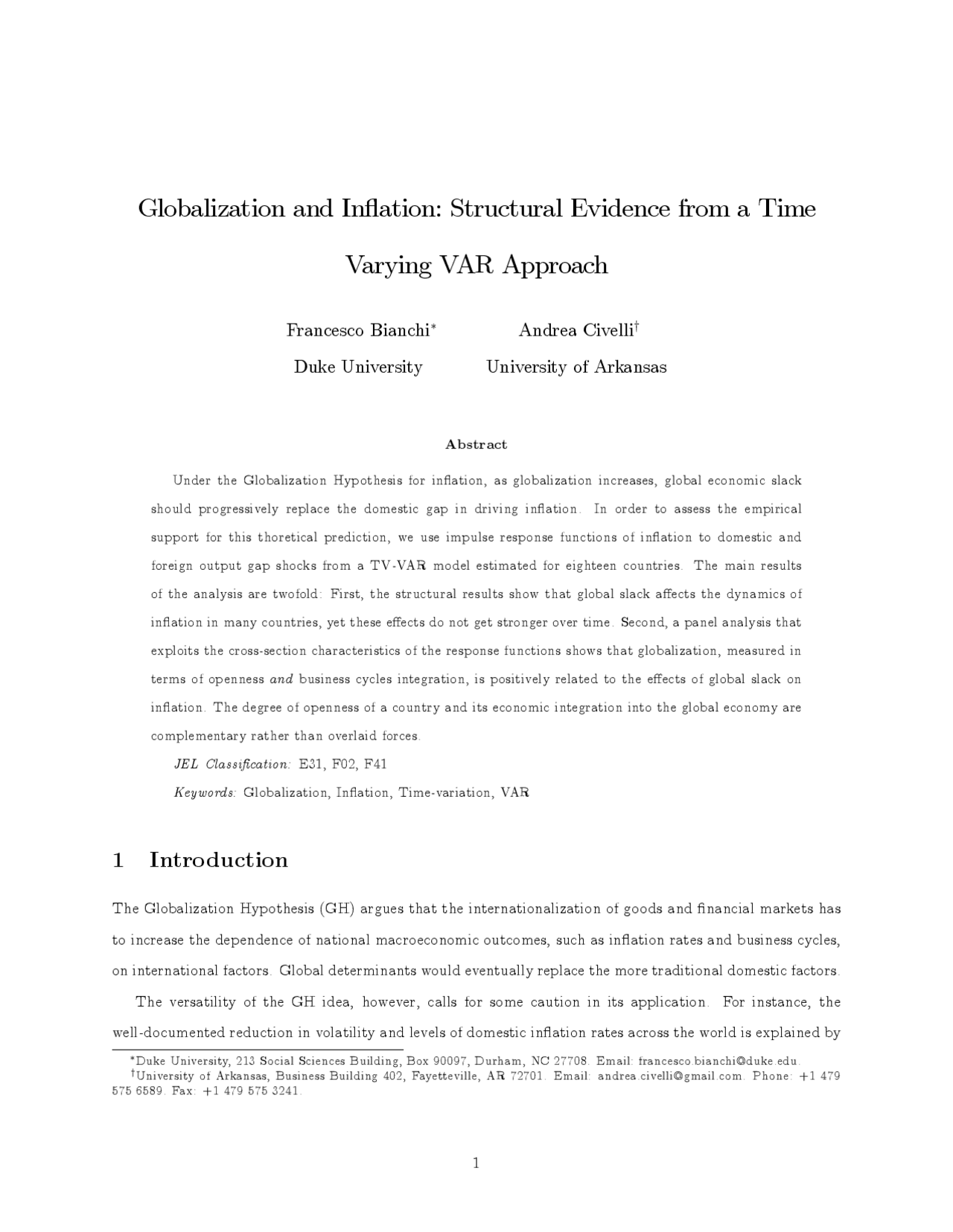 Globalization and Inflation: Structural Evidence from a Time Varying ...