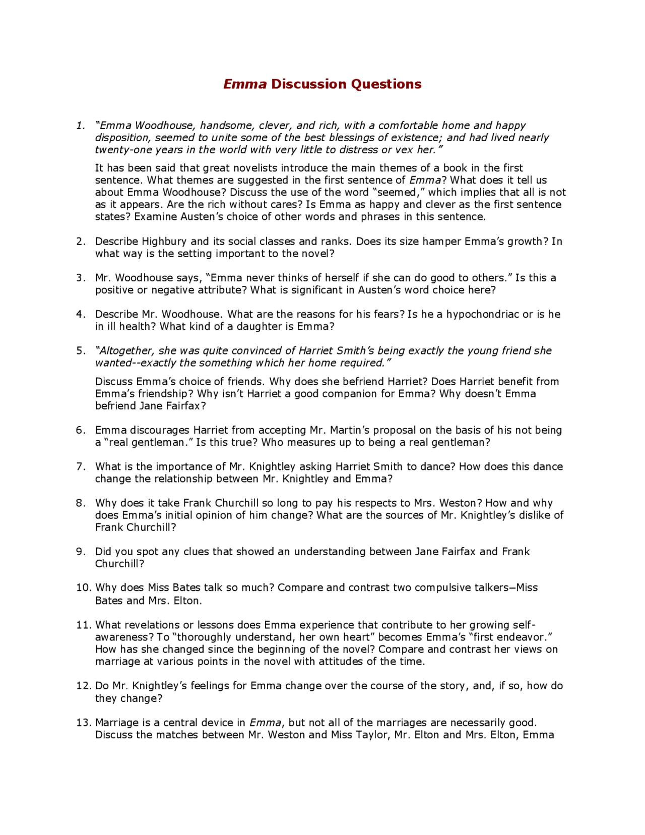 Emma Discussion Questions | Study notes Dance | Docsity