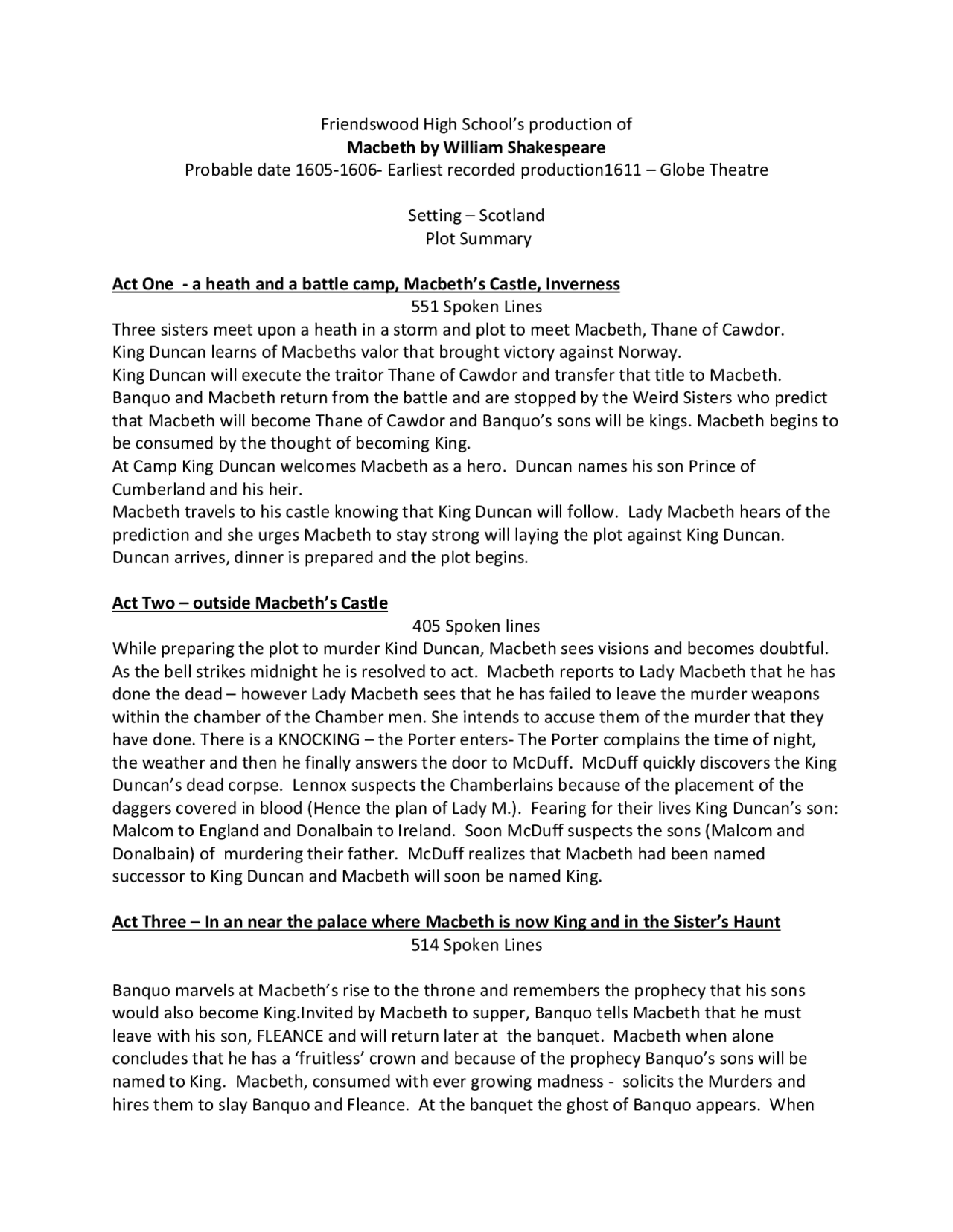 Macbeth Synopsis Plot Assignments Theatre Docsity
