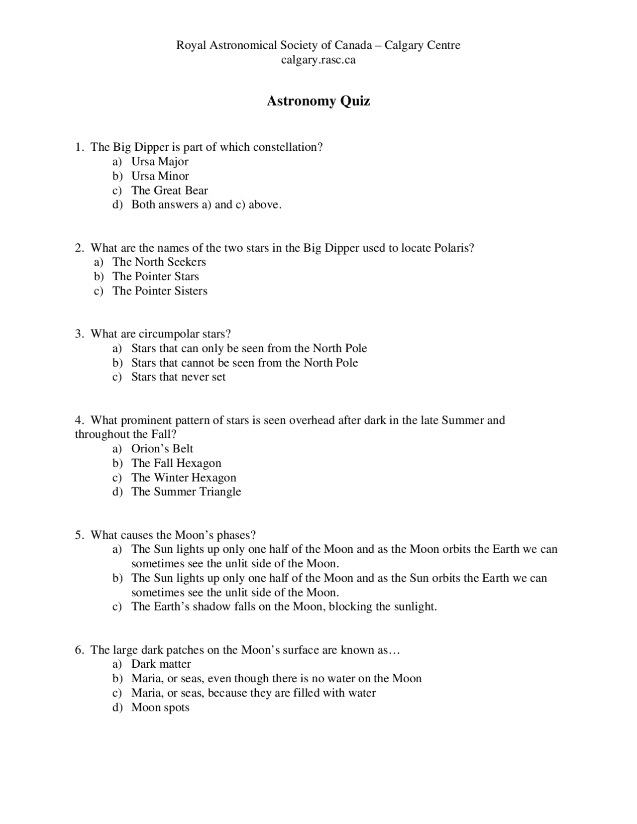 Astronomy Quiz - RASC Calgary | Study notes Astronomy | Docsity