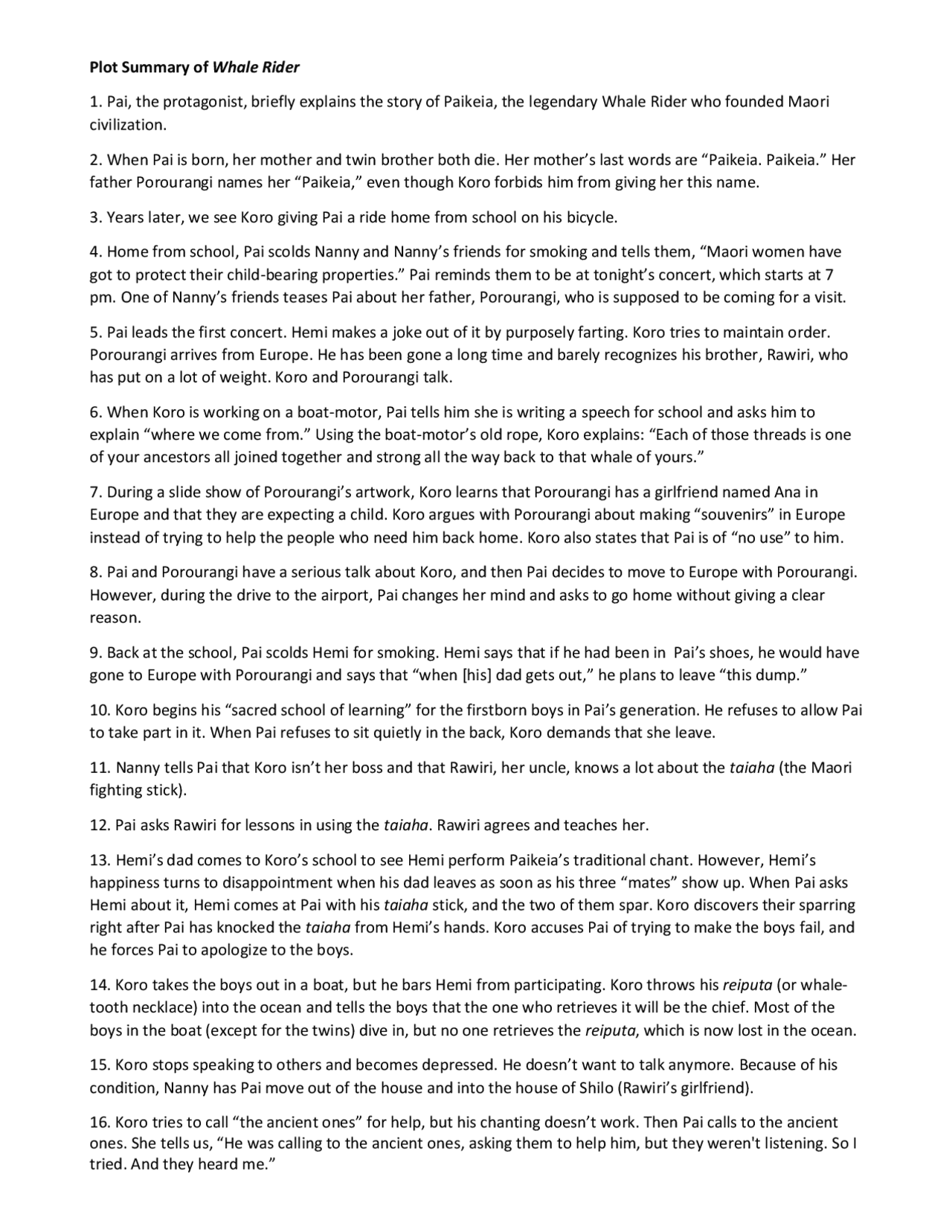 Plot Summary of Whale Rider | Study notes English Literature - Docsity