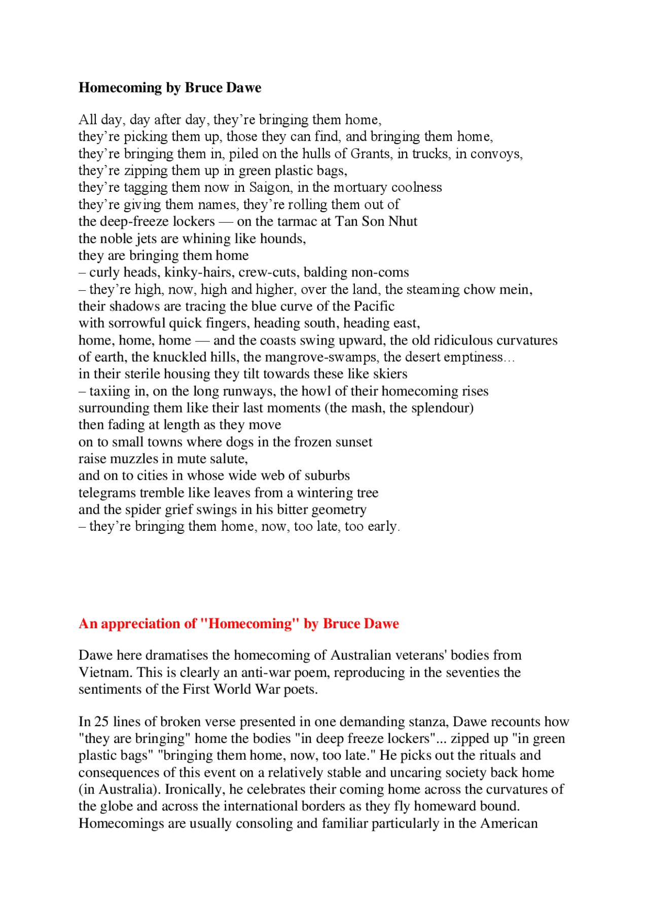 Homecoming by Bruce Dawe | Study notes Geometry | Docsity