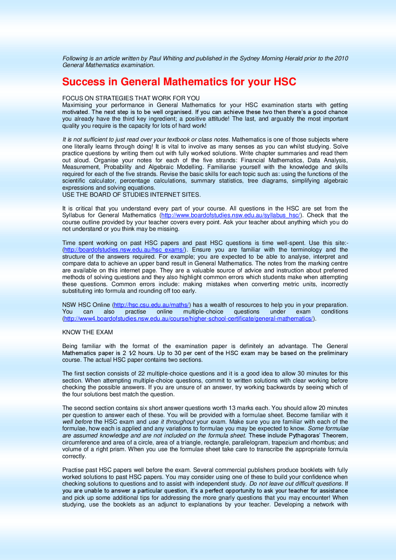 Preparing for the General Mathematics HSC Examination: Strategies and ...