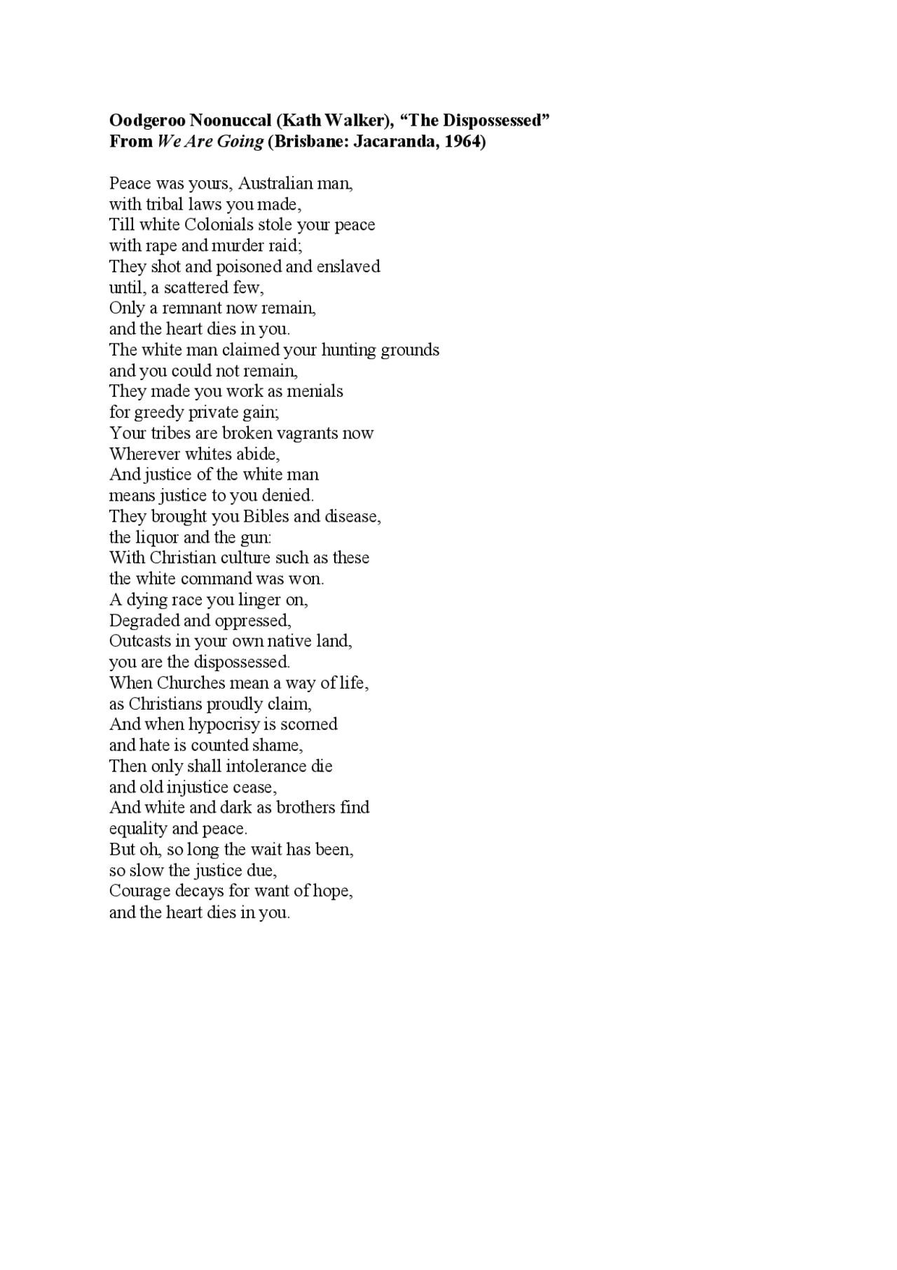 Oodgeroo Noonuccal (Kath Walker), “The Dispossessed” | Exercises ...