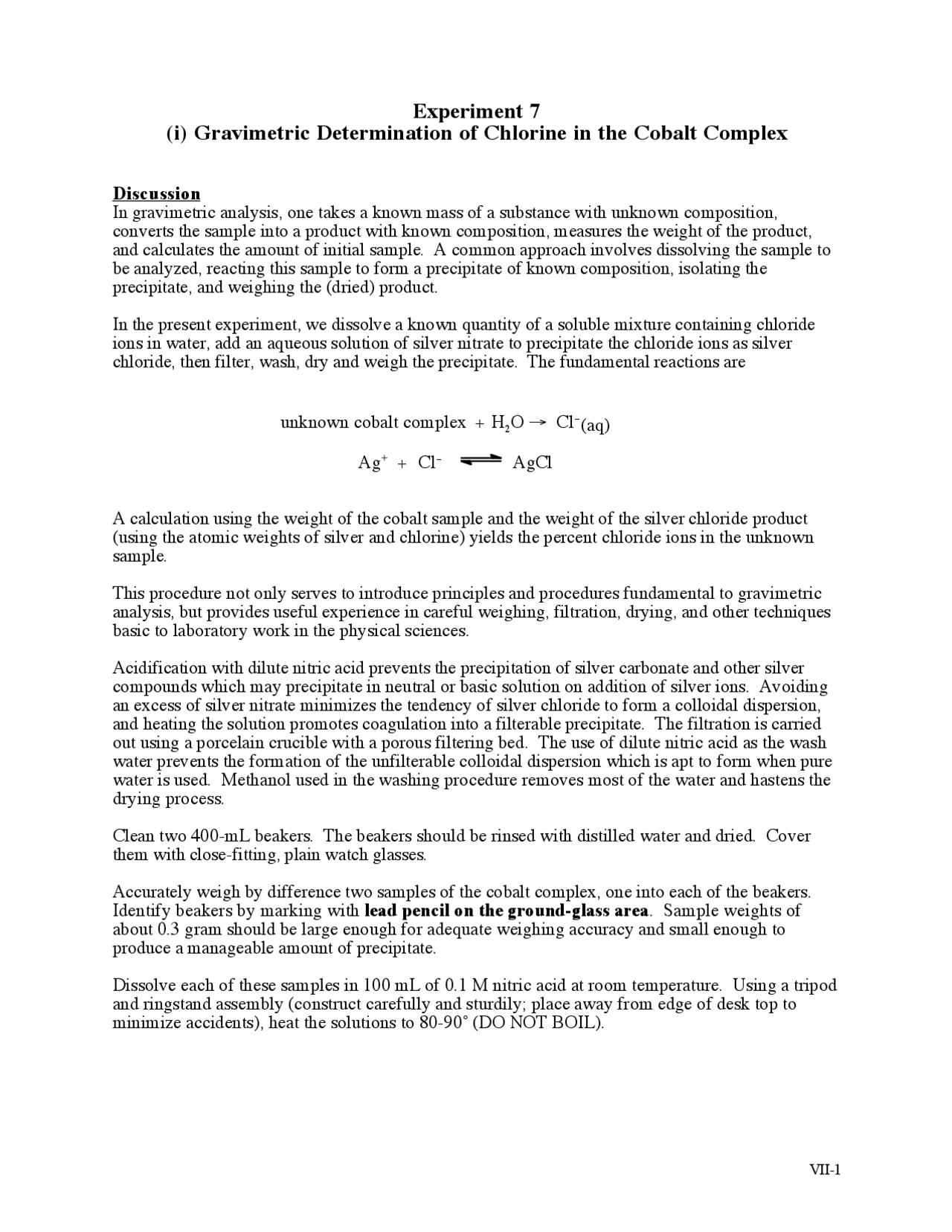 Experiment 7 I Gravimetric Determination Of Chlorine In The Docsity