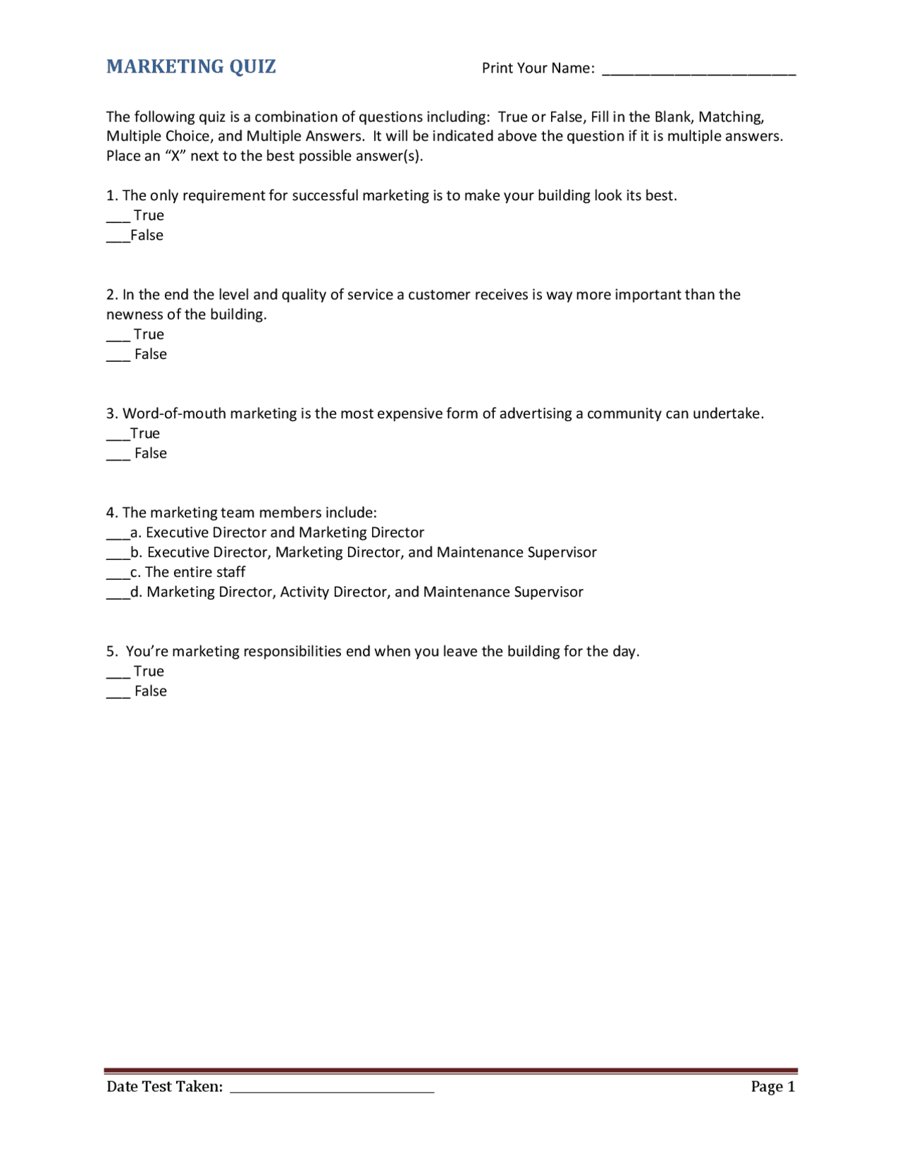 MARKETING QUIZ | Study notes Marketing | Docsity