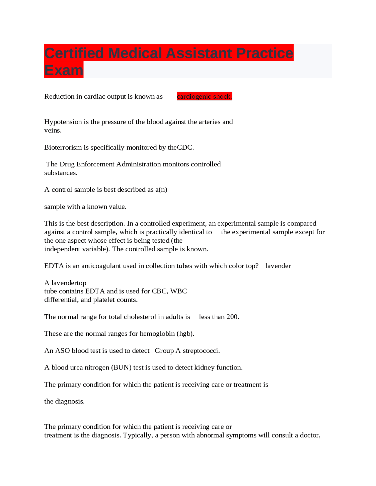 Certified Medical Assistant Practice Exam | Exams Nursing | Docsity