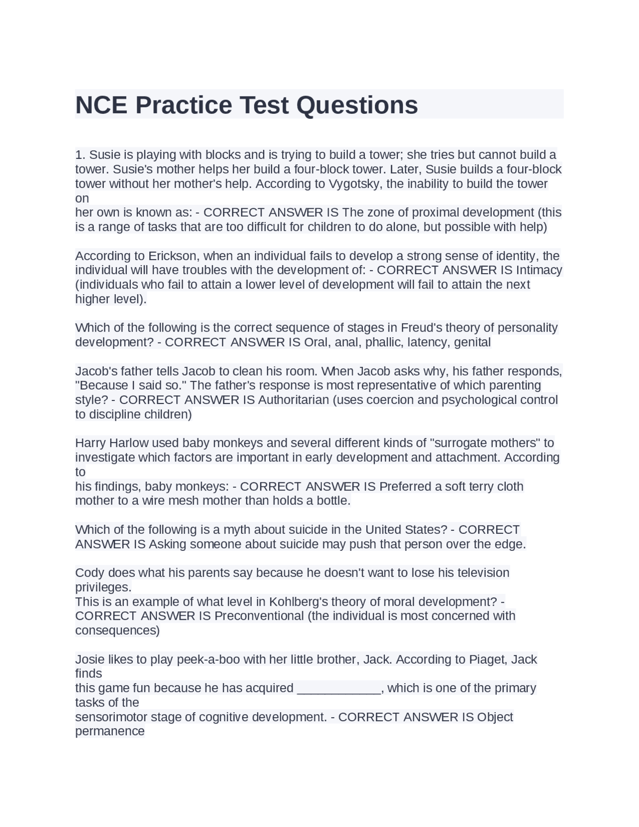 NCE Practice Test Questions.LATEST GRADED A - Docsity