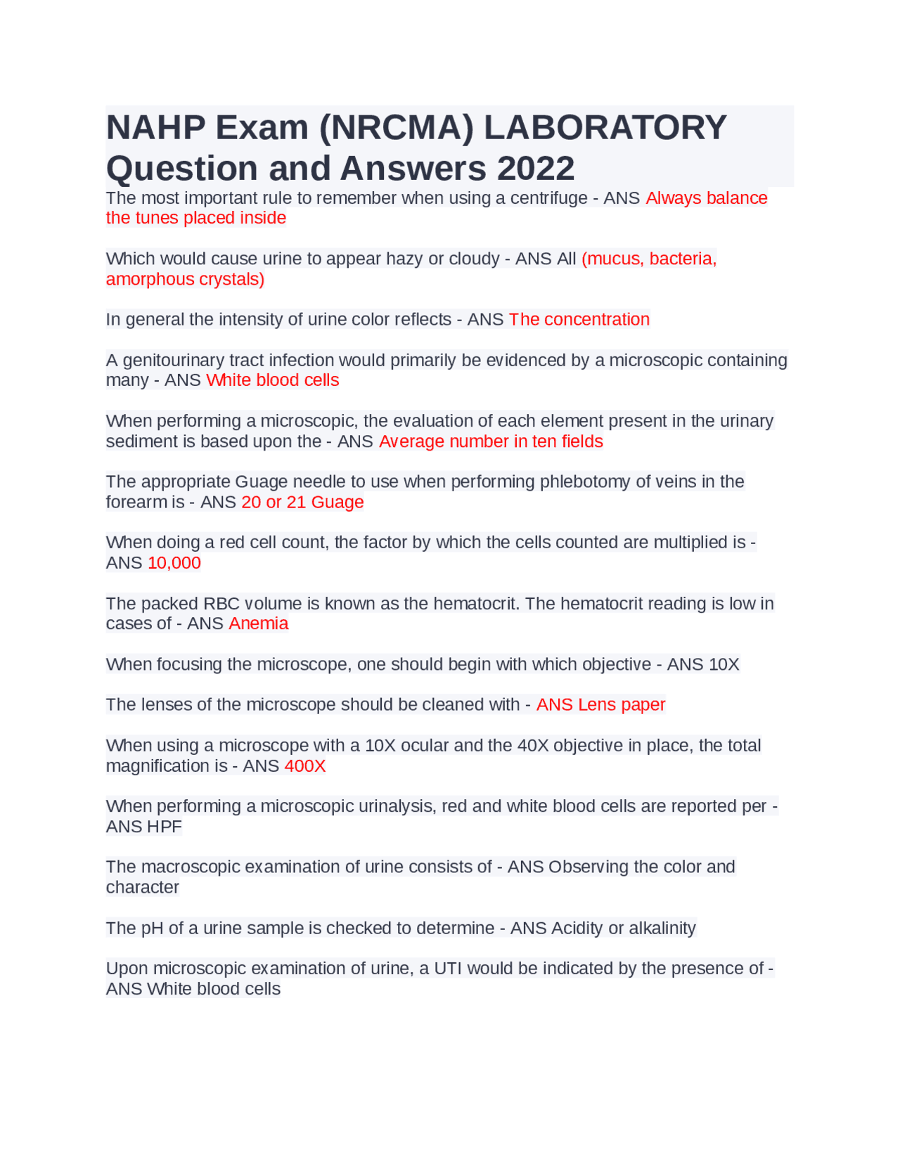 NAHP Exam (NRCMA) LABORATORY Question and Answers 2022. | Exams Nursing ...