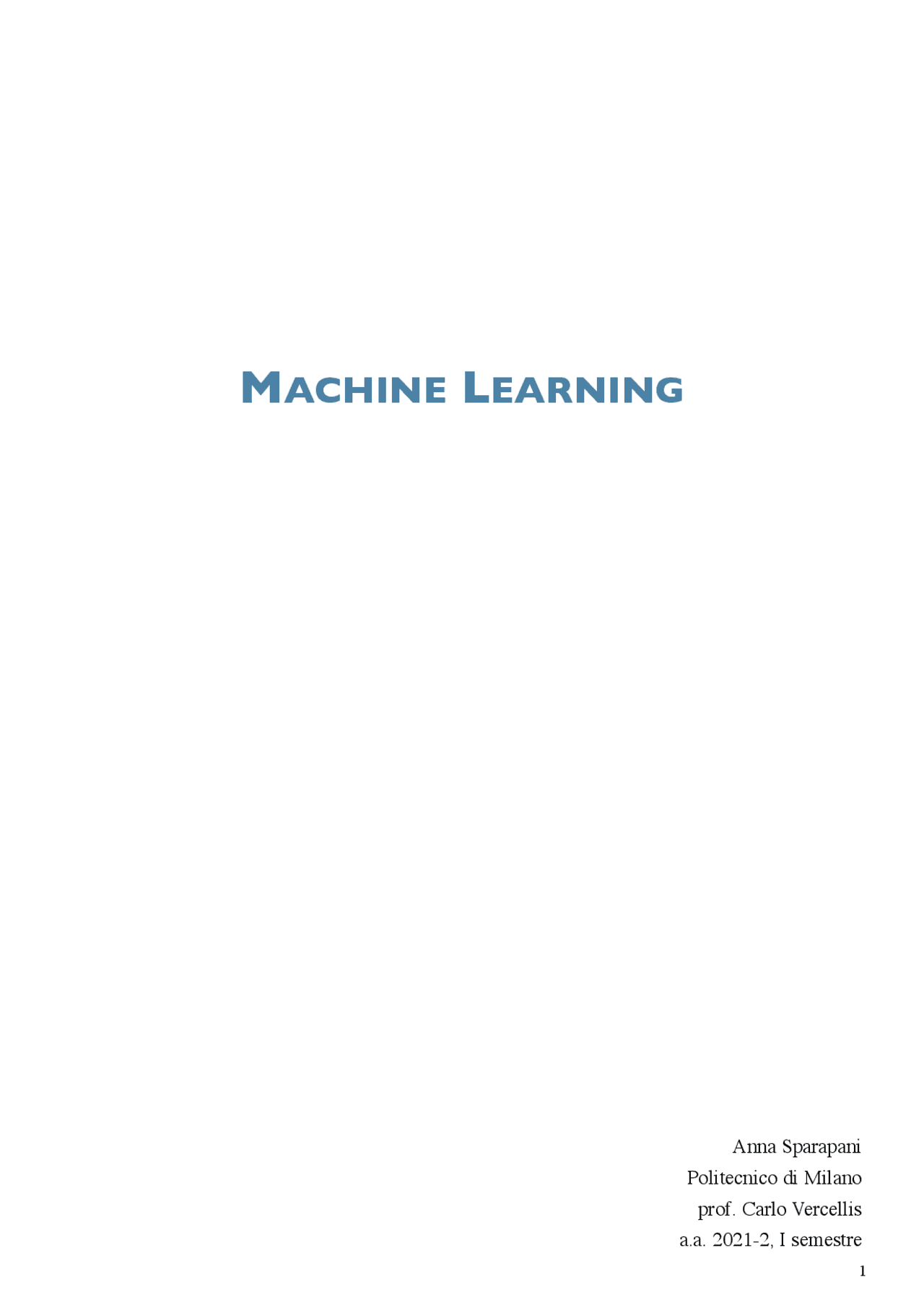 Machine Learning Appunti - PoliMi | prof. Vercellis | Appunti di Machine learning - Docsity