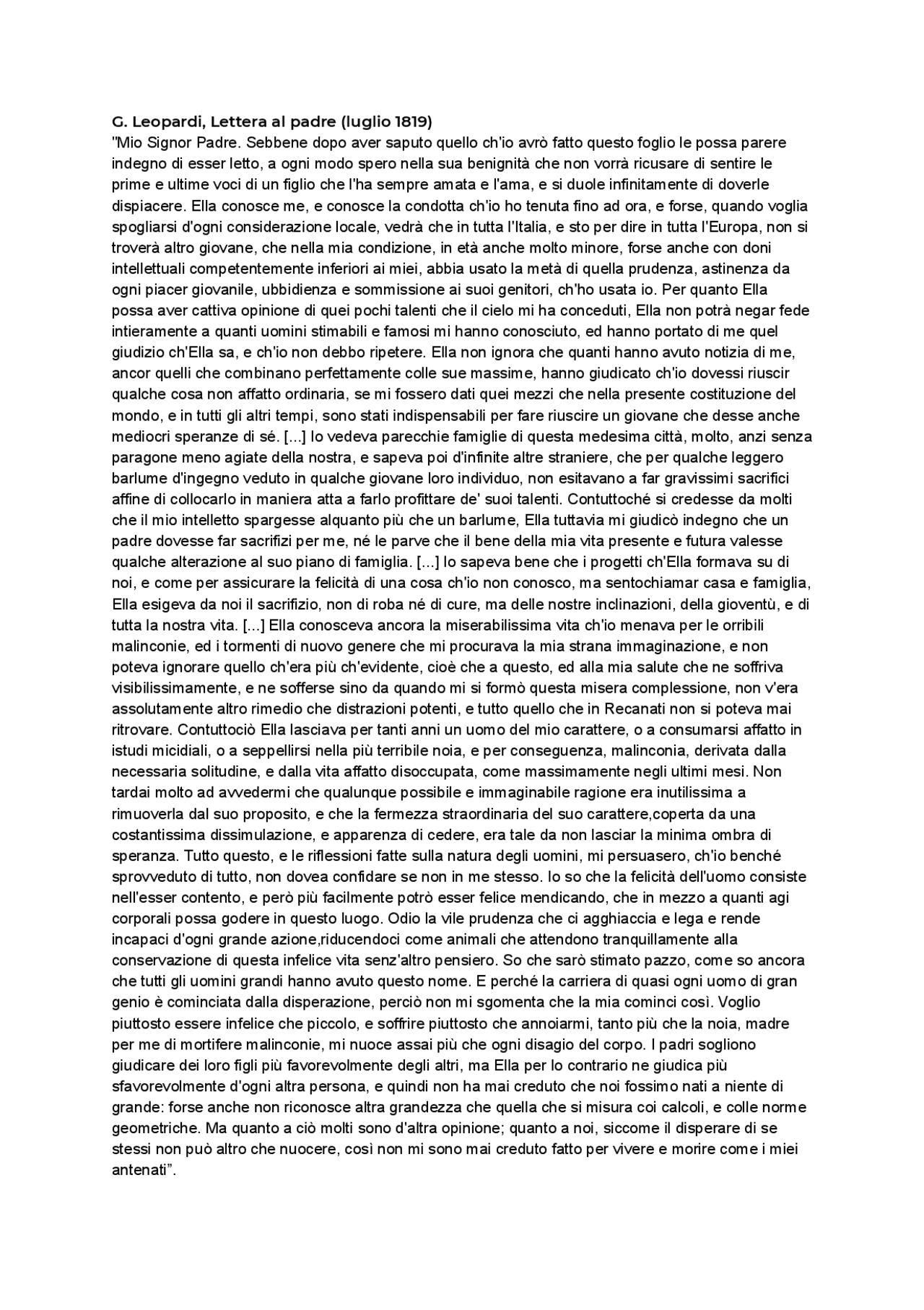 LETTERA AL PADRE LEOPARDI | Schemi e mappe concettuali di Italiano | Docsity