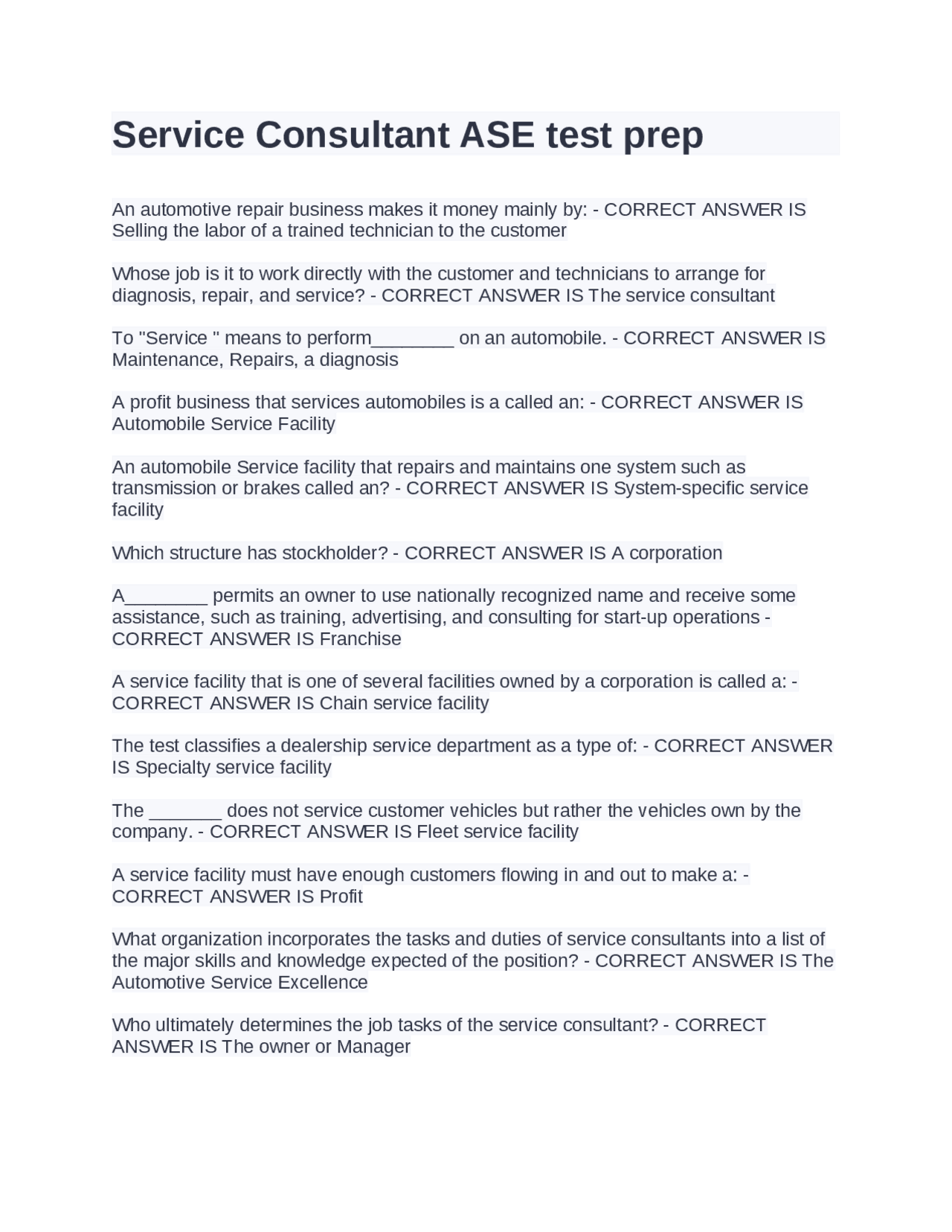 Service Consultant ASE test prep. | Exams Nursing | Docsity