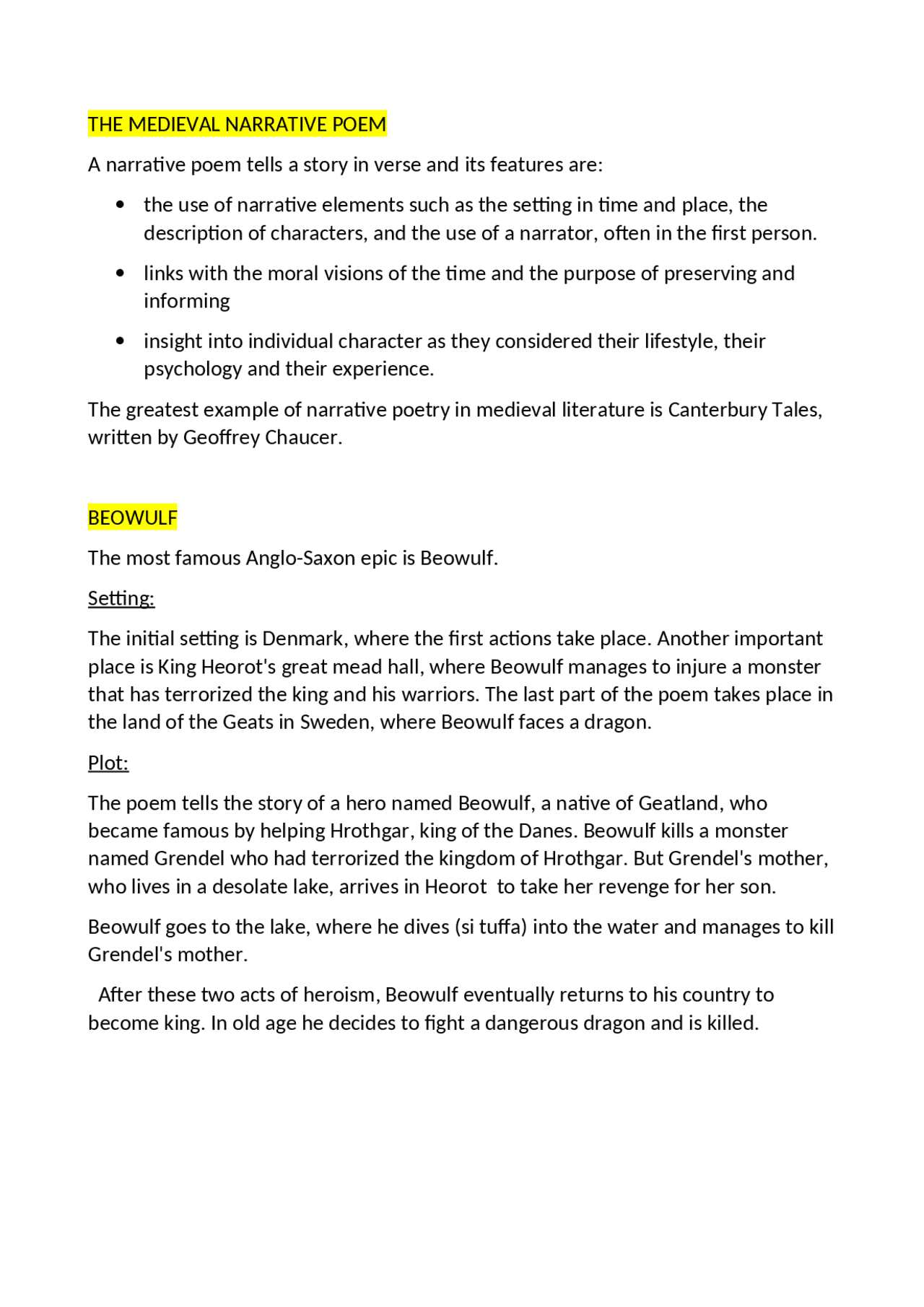 The medieval narrative poem and Beowulf | Appunti di Inglese | Docsity