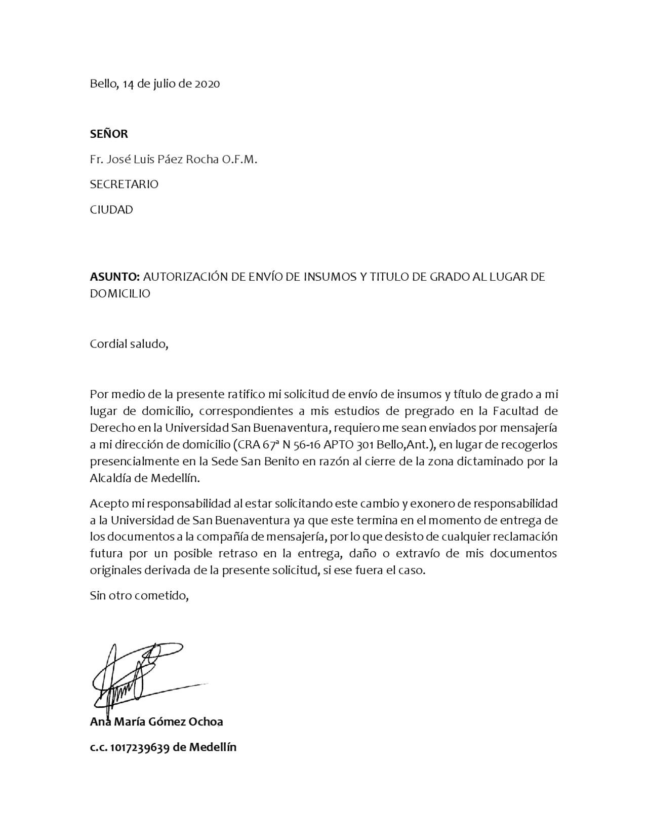 CARTA SOLICITUD DOCUMENTOS | Apuntes de Derecho | Docsity