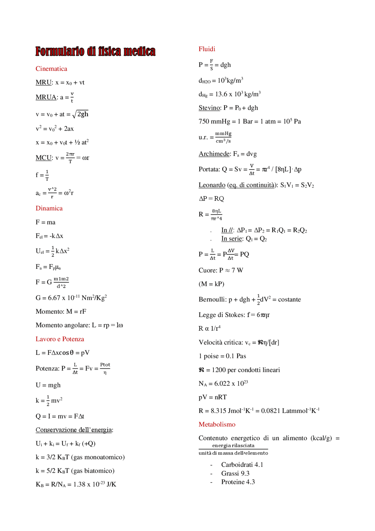 Formulario di Fisica Medica (1°anno LM Medicina e Chirurgia UniSR) | Schemi e mappe concettuali ...
