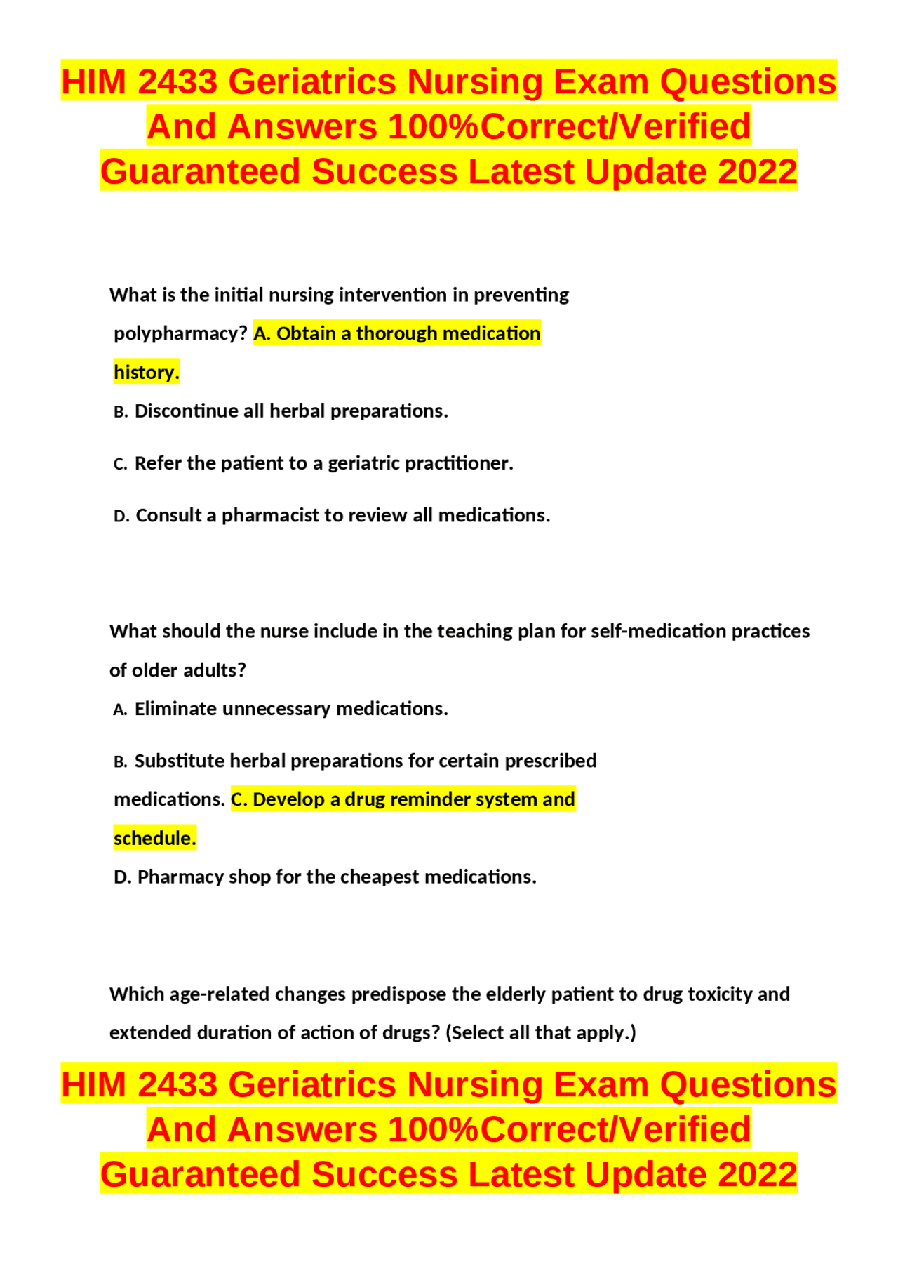 HIM 2433 Geriatrics Nursing Exam Questions And Answers 100%Correct ...
