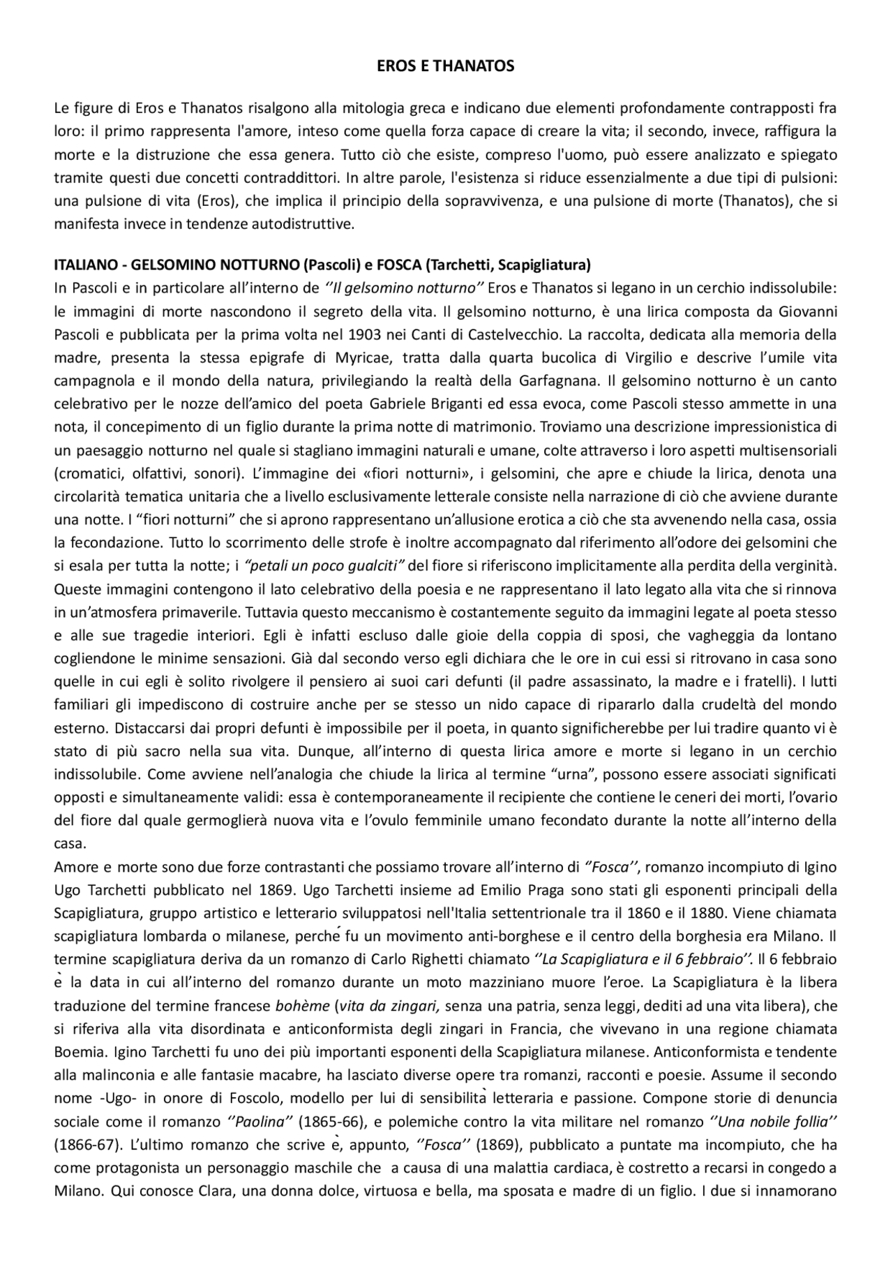 Eros E Thanatos Collegamenti Maturità Liceo Classico Docsity