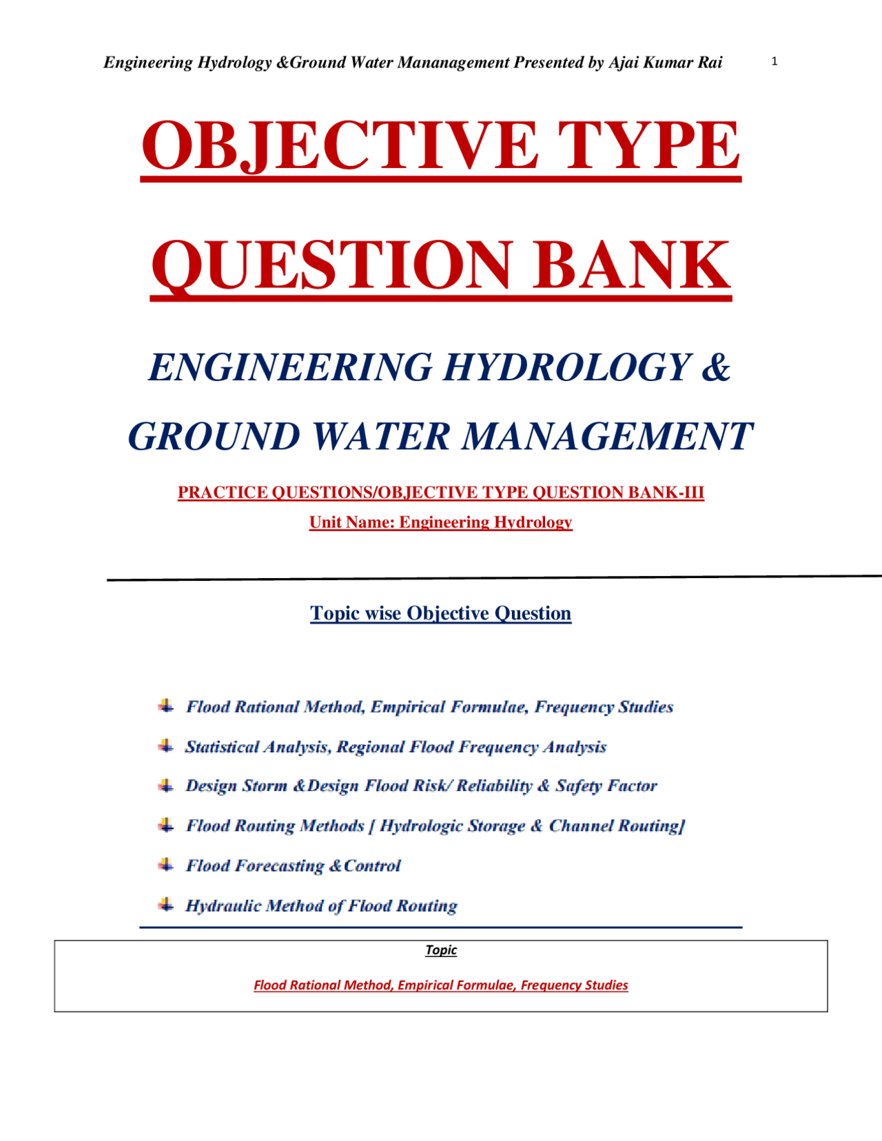 Engineering Hydrology; Objective Type Question Bank-III | Quizzes ...
