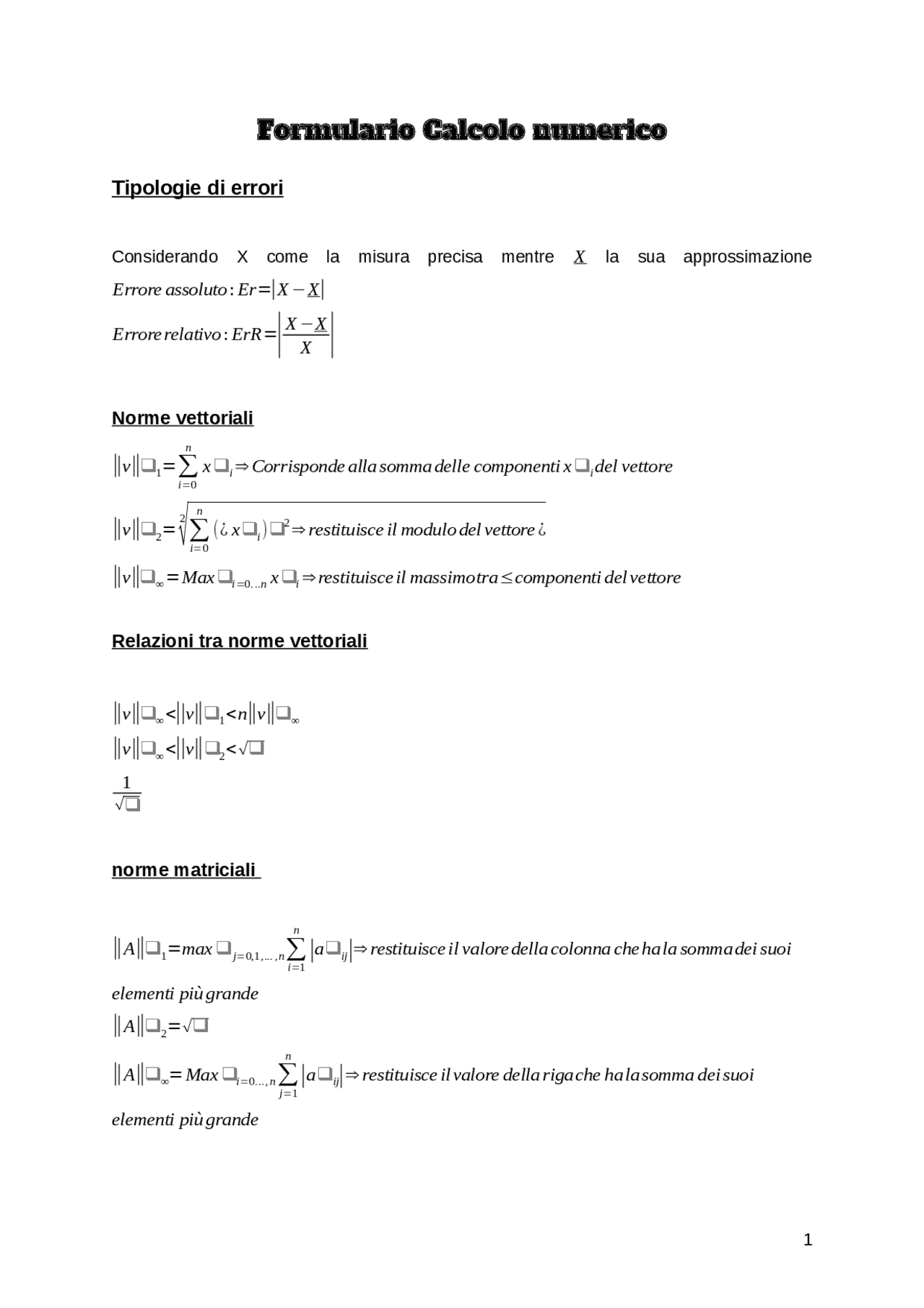 Formulario calcolo numerico | Formulari di Calcolo Numerico | Docsity