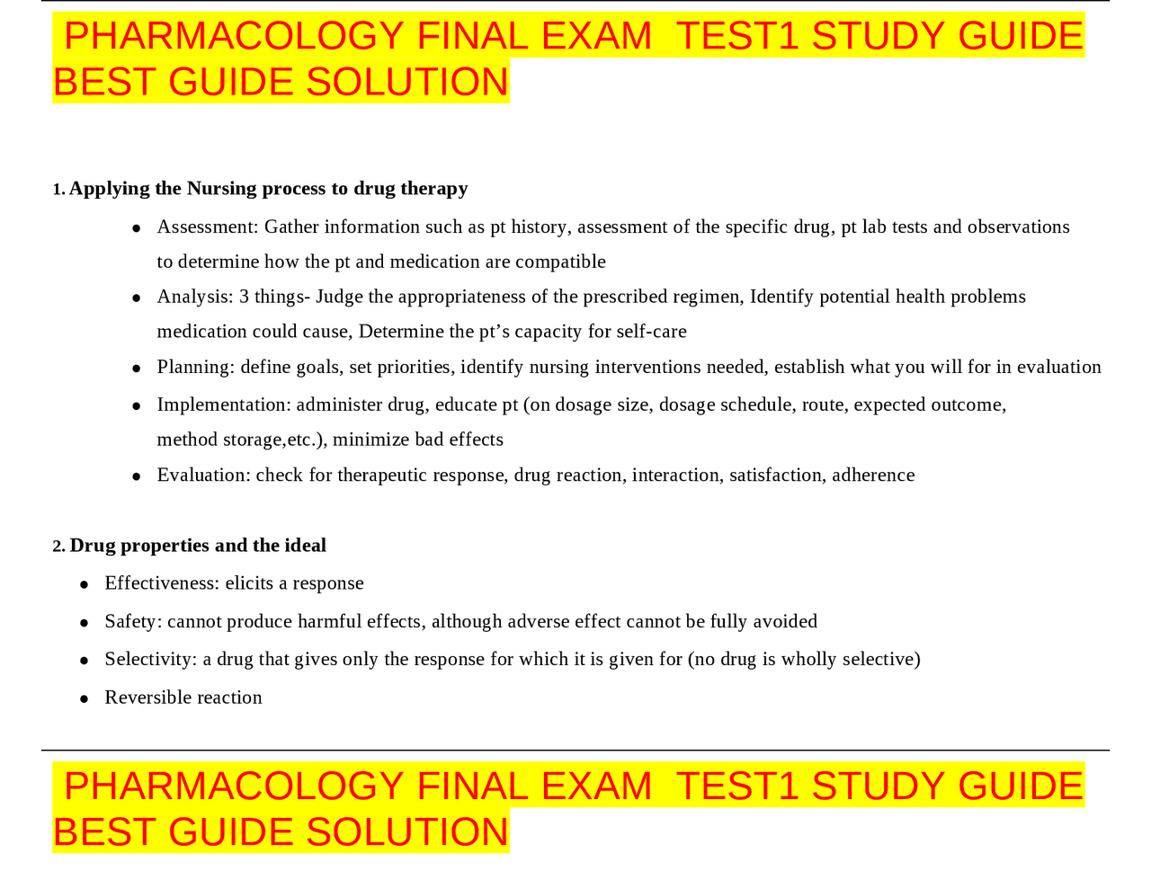 PHARMACOLOGY FINAL EXAM TEST1 STUDY GUIDE BEST GUIDE SOLUTION | Exams ...