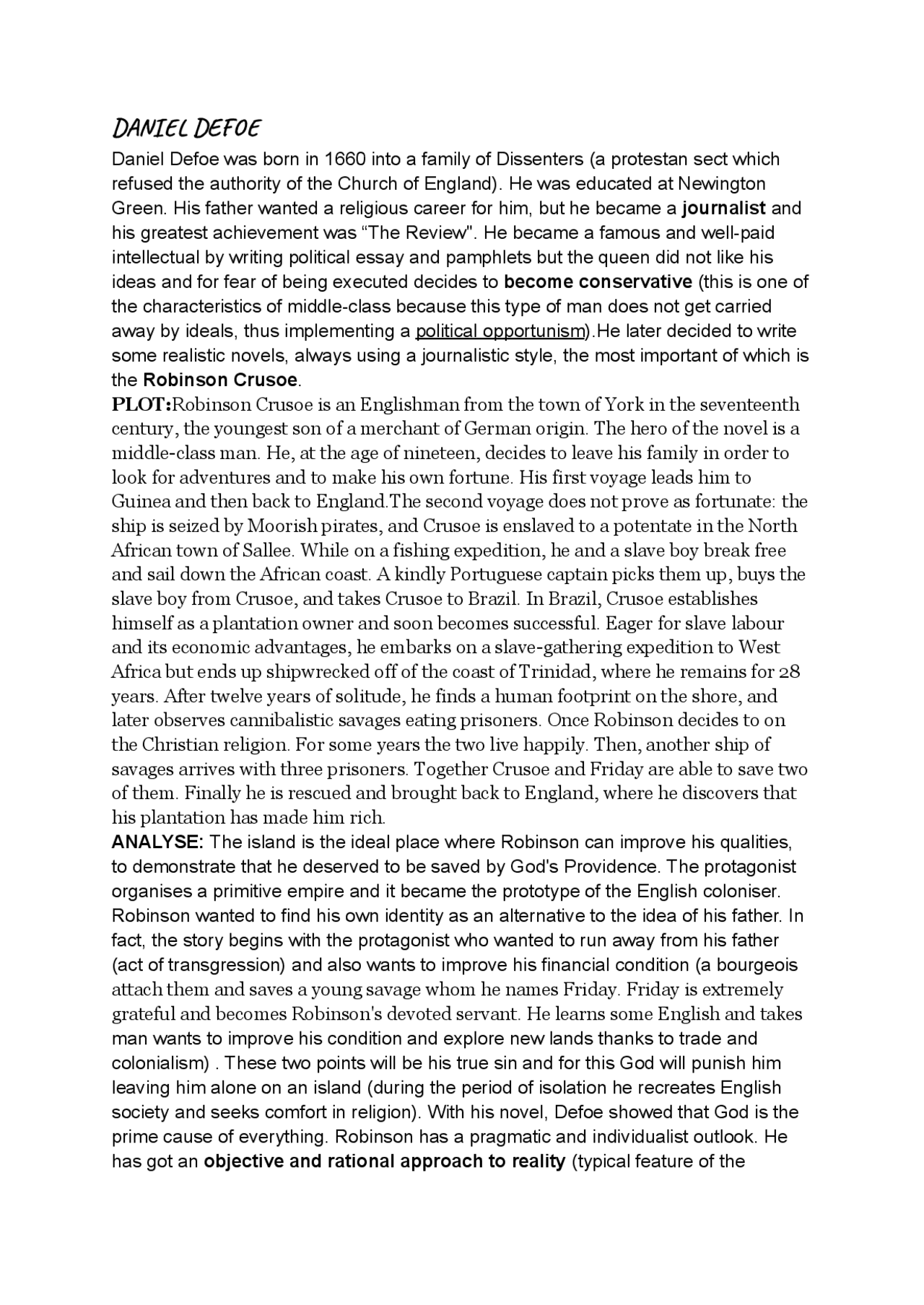 Daniel Defoe And Jonathan Swift Appunti Di Inglese Docsity