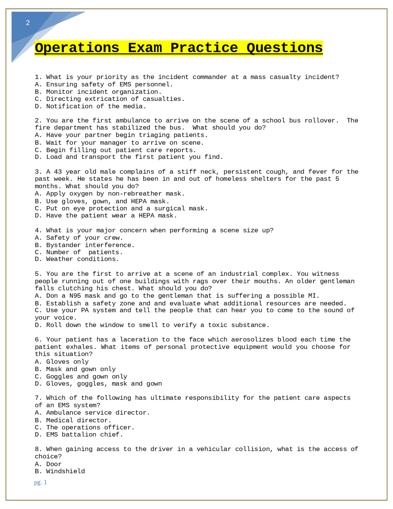 EMERGENCY SERVICES 100/FISDAP Operations Questions with Answers. Graded ...