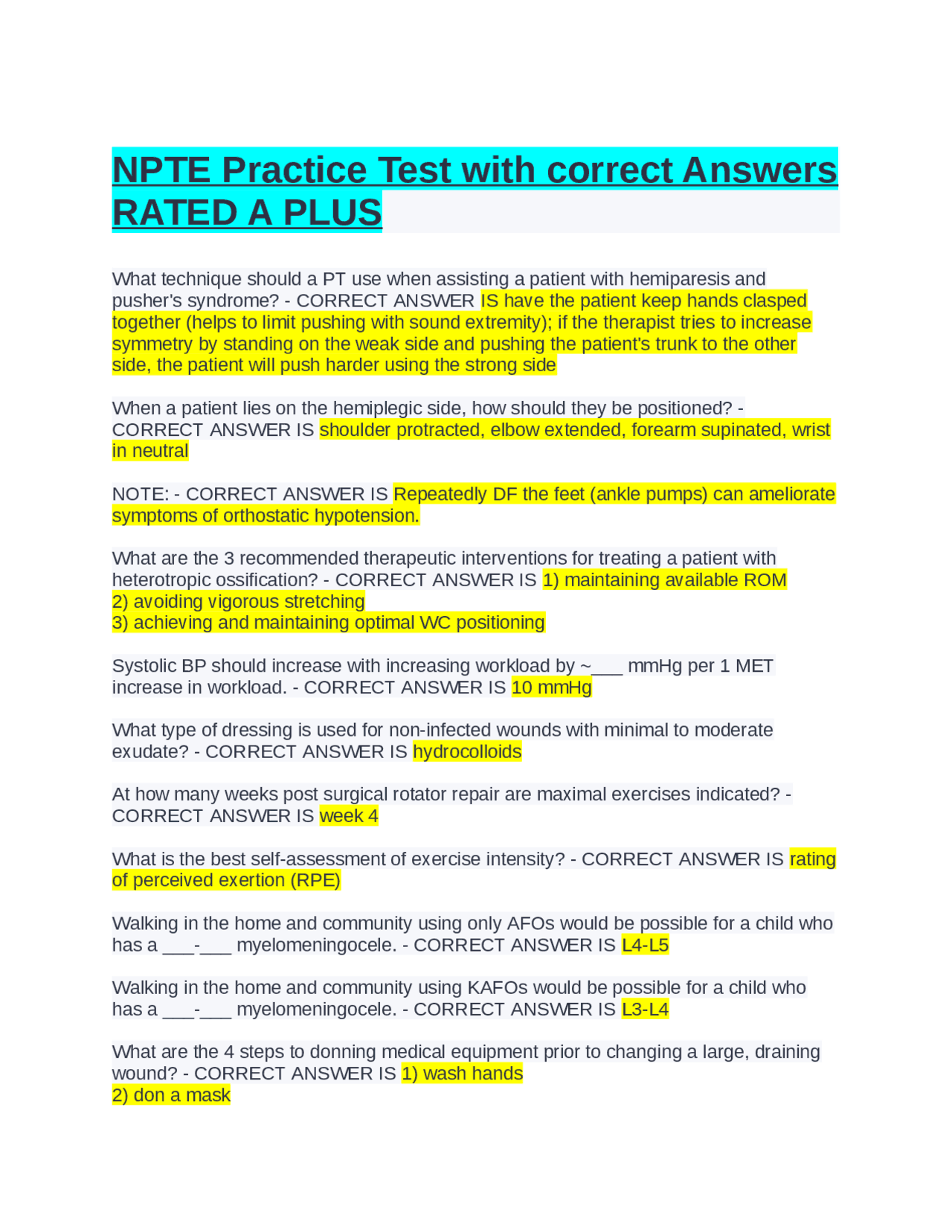NPTE Practice Test with correct Answers RATED A PLUS - Docsity