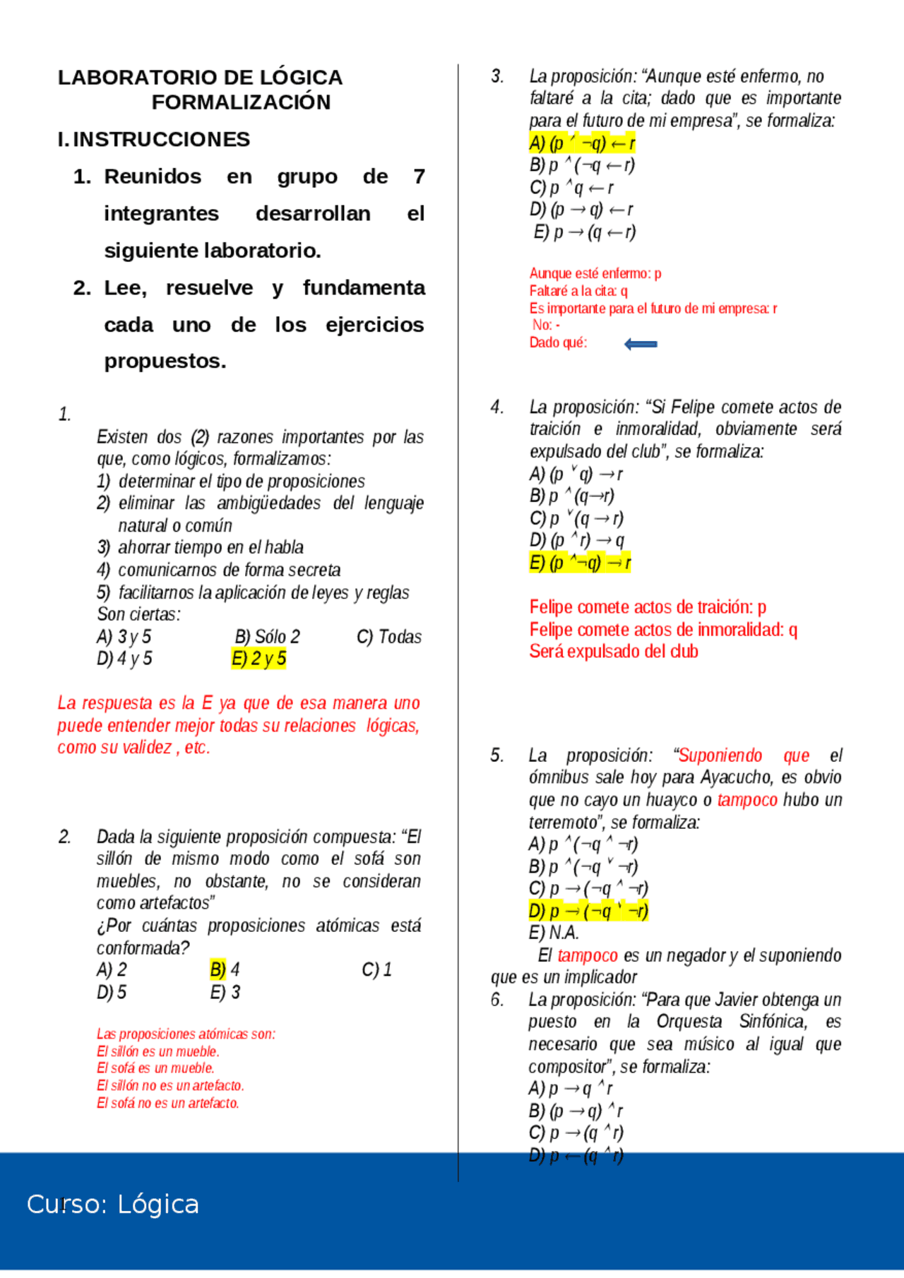 La lógica en la formalización | Ejercicios de Lógica | Docsity