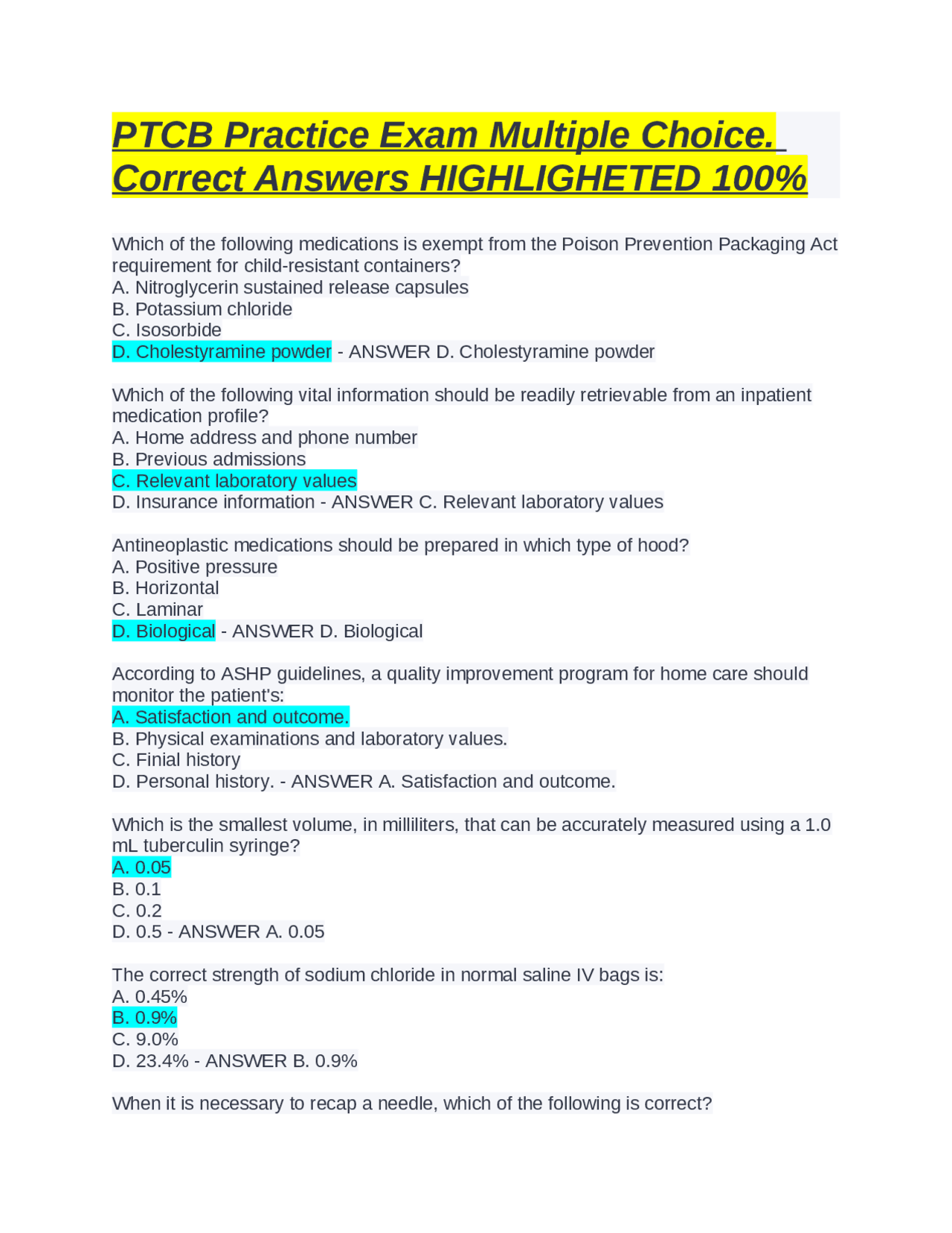 PTCB Practice Exam Multiple Choice. Correct Answers HIGHLIGHETED 100% ...