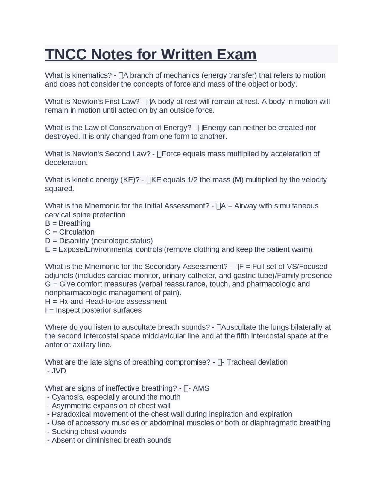 TNCC Notes for Written Exam.Question and Answers | Exams Nursing | Docsity