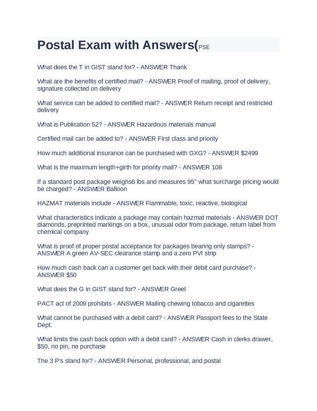 Postal Exam with Answers | Exams Nursing | Docsity