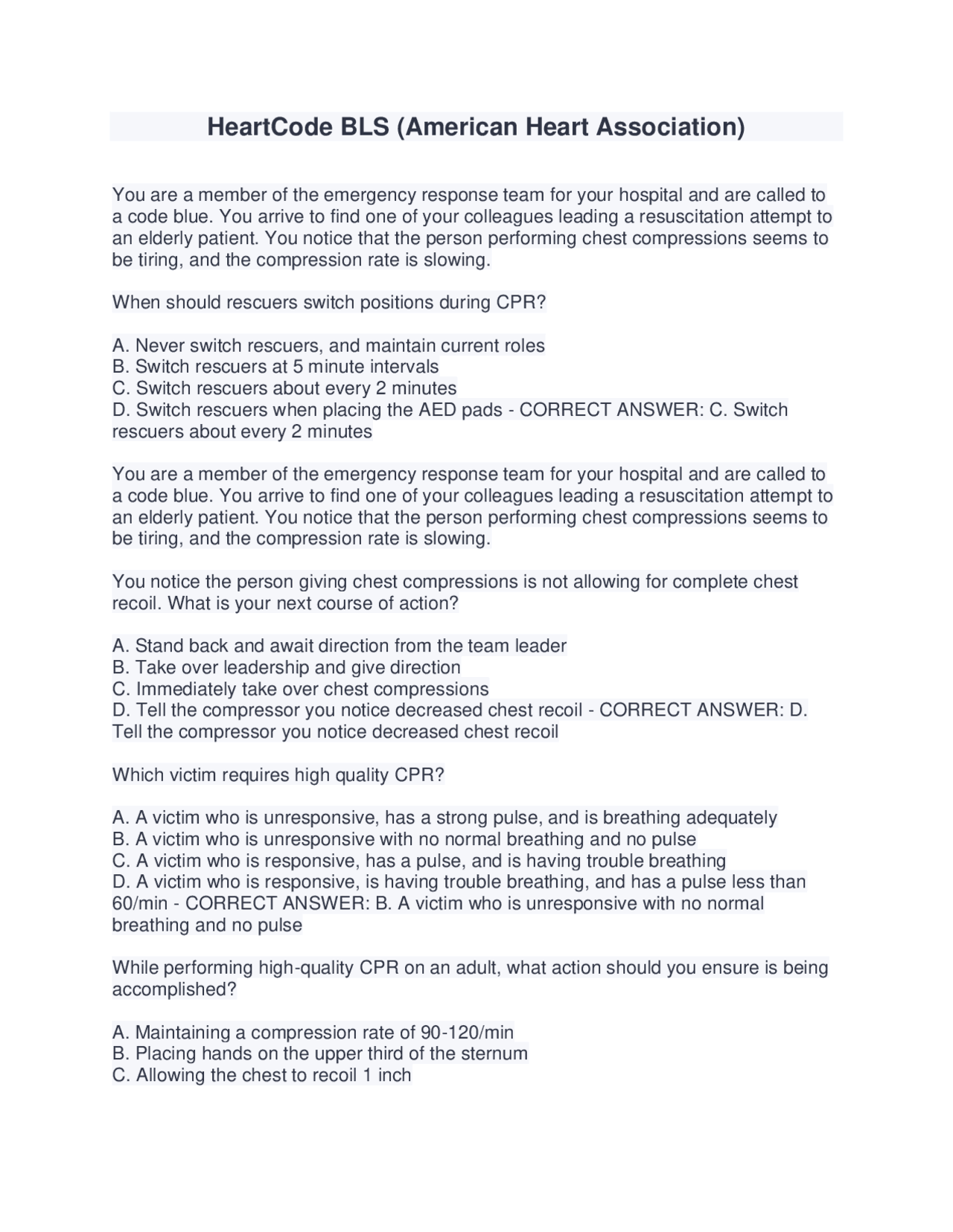Heart Code BLS (American Heart Association) - Docsity